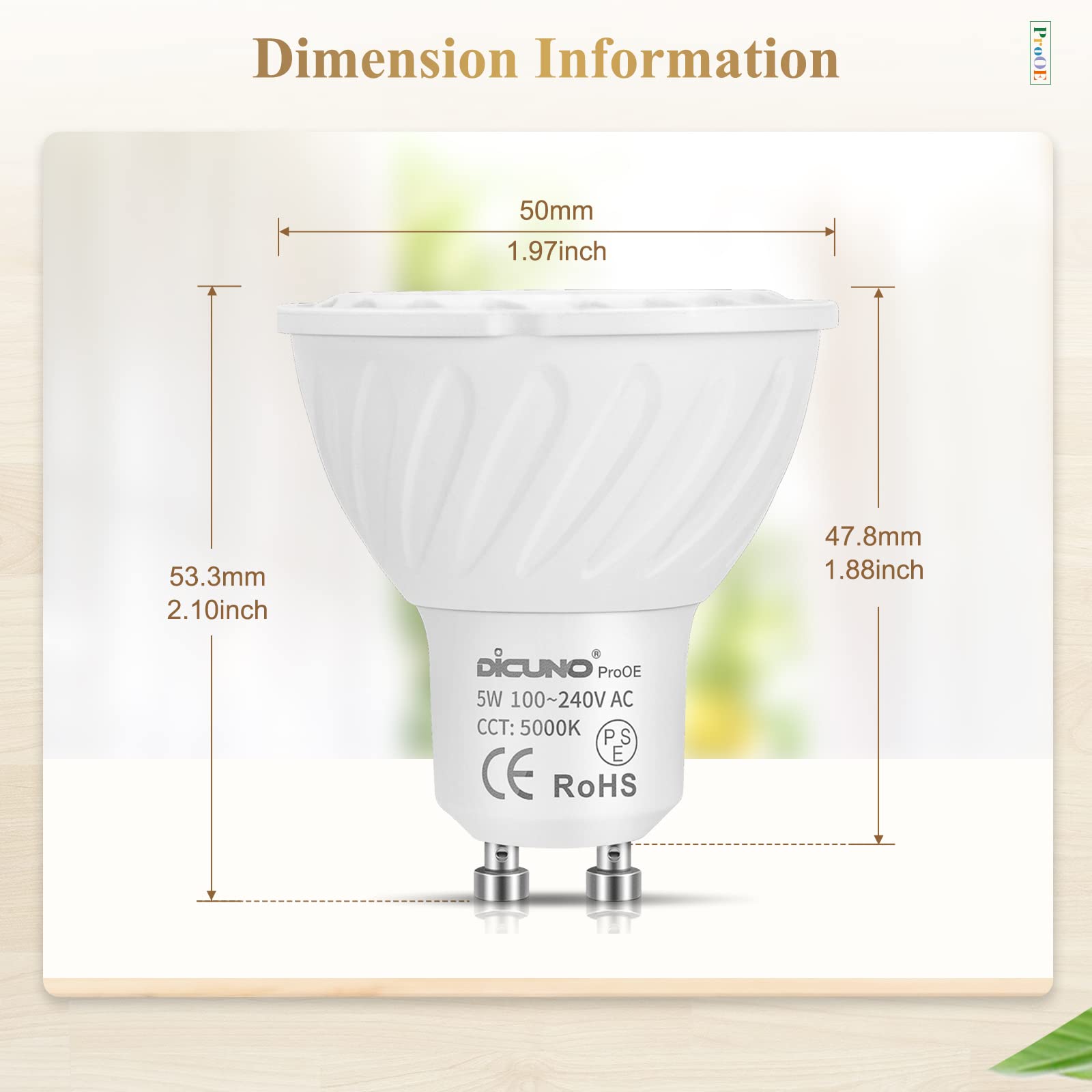 DiCUNO ProOE Eye-Protected GU10 LED Bulb, High CRI of 98, 5W Spotlight Bulb (50W Halogen Equivalent), 400LM and Daylight White 5000K, Replacement for Track Lighting and Recessed Lighting, 6 Pack