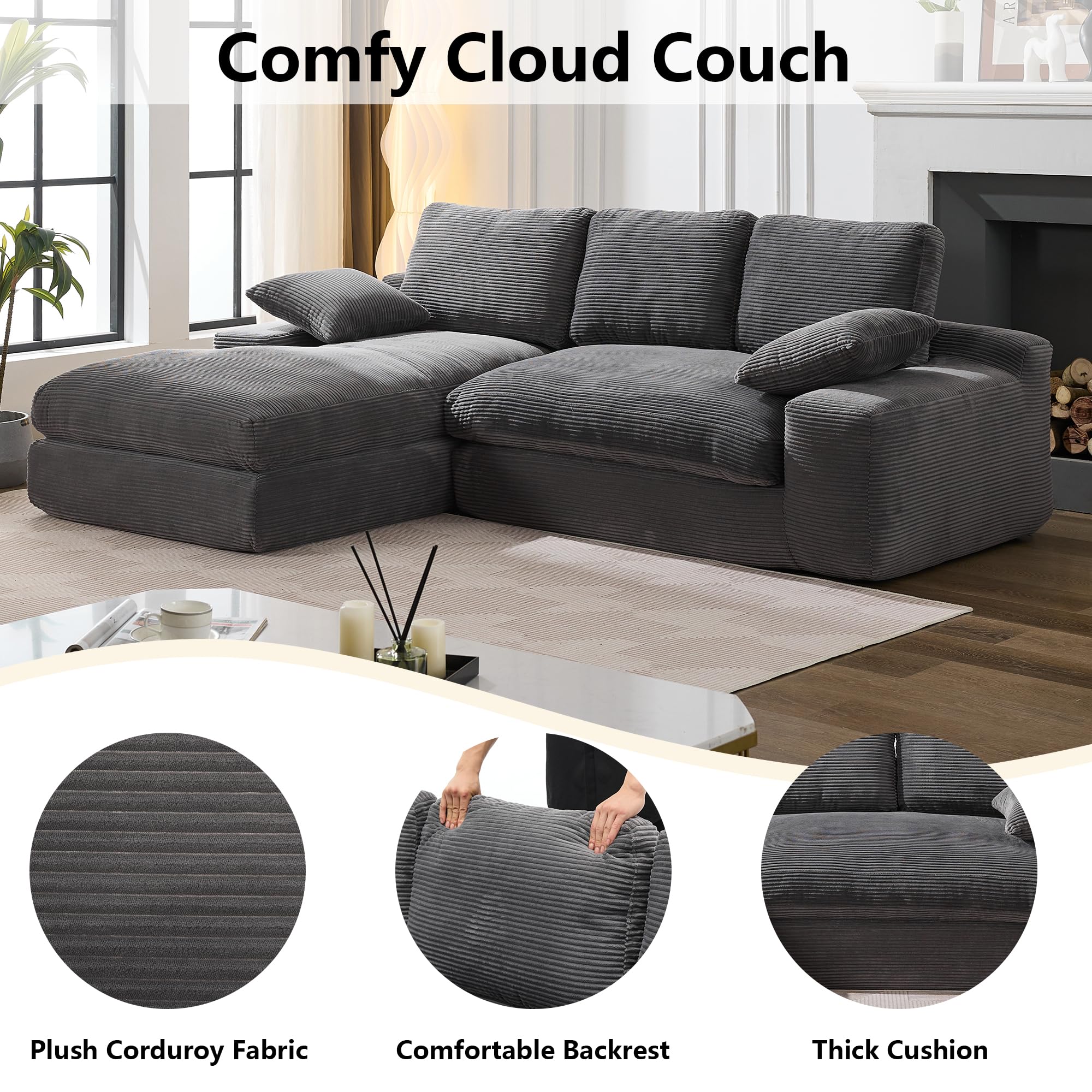 GNIXUU Corduroy Cloud sectional couches for Living Room, 98.4" Fluffy Large L Shaped Sofa with Deep Seat & Comfy Chaise, Upholstered Modular 3 Seat Couch Sleeper for Apartment, Studio, Office, Gray