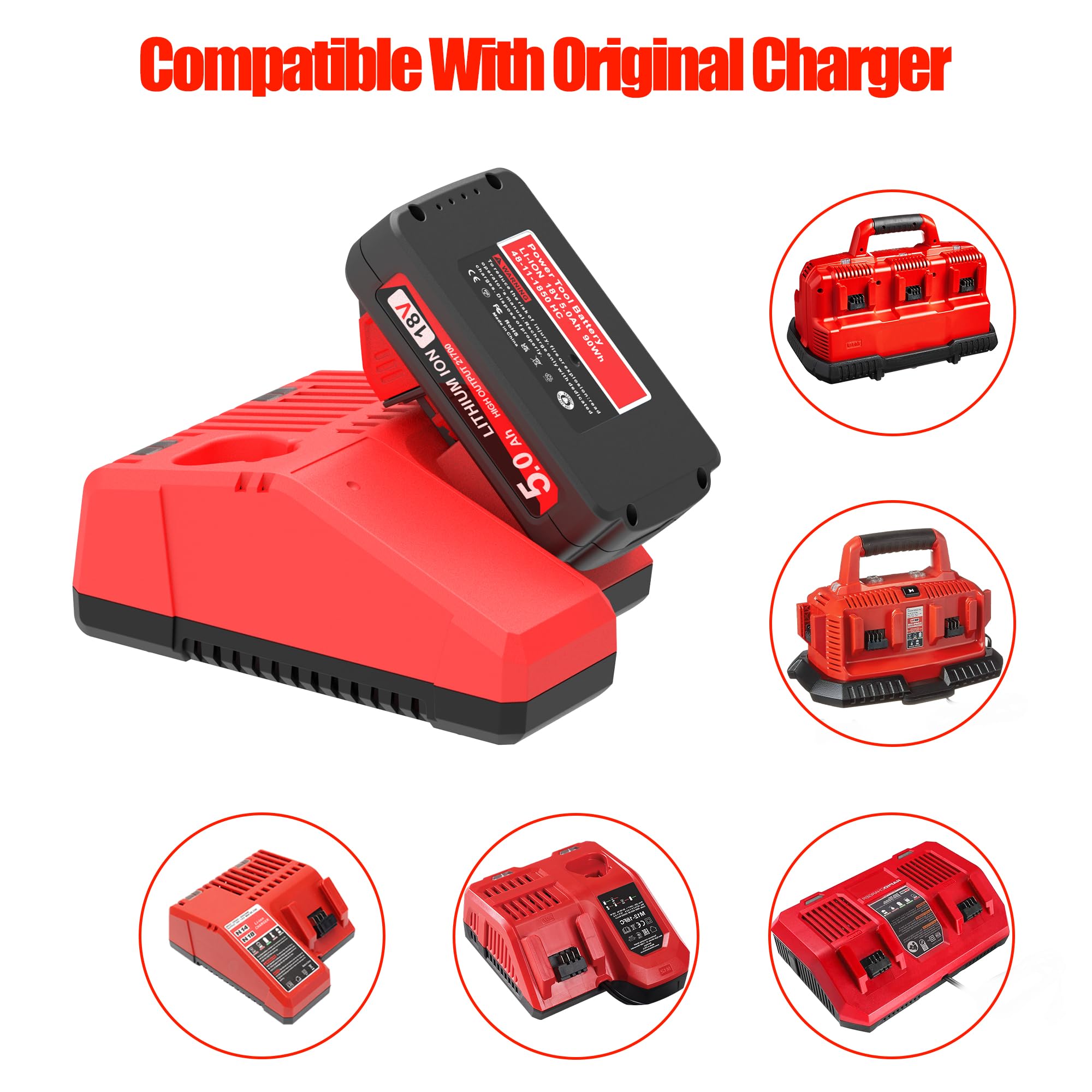 PEYESTEN 2 Packs High Output 5.0 Ah 18V Battery Replace for Milwaukee M18 Battery, Compatible with Milwaukee M18 Battery 48-11-1812 48-11-1852 Cordless Power Tools and Original Charger.