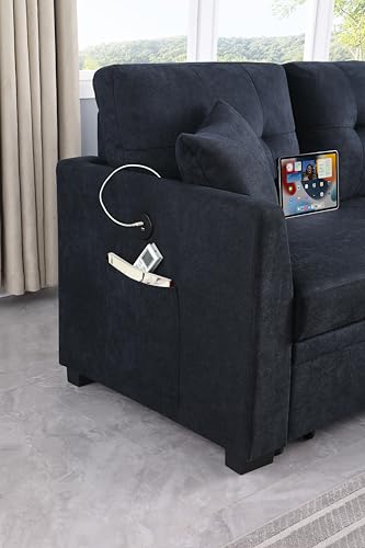 FANYE L-Shaped Reversible Pull Out Sleep Sofabed, Modern Velvet Upholstered Tufted Sleeper Sectional Sofa with Storage Chaise, USB Charging Ports, Side Pockets and 2 Pillows for Living Room
