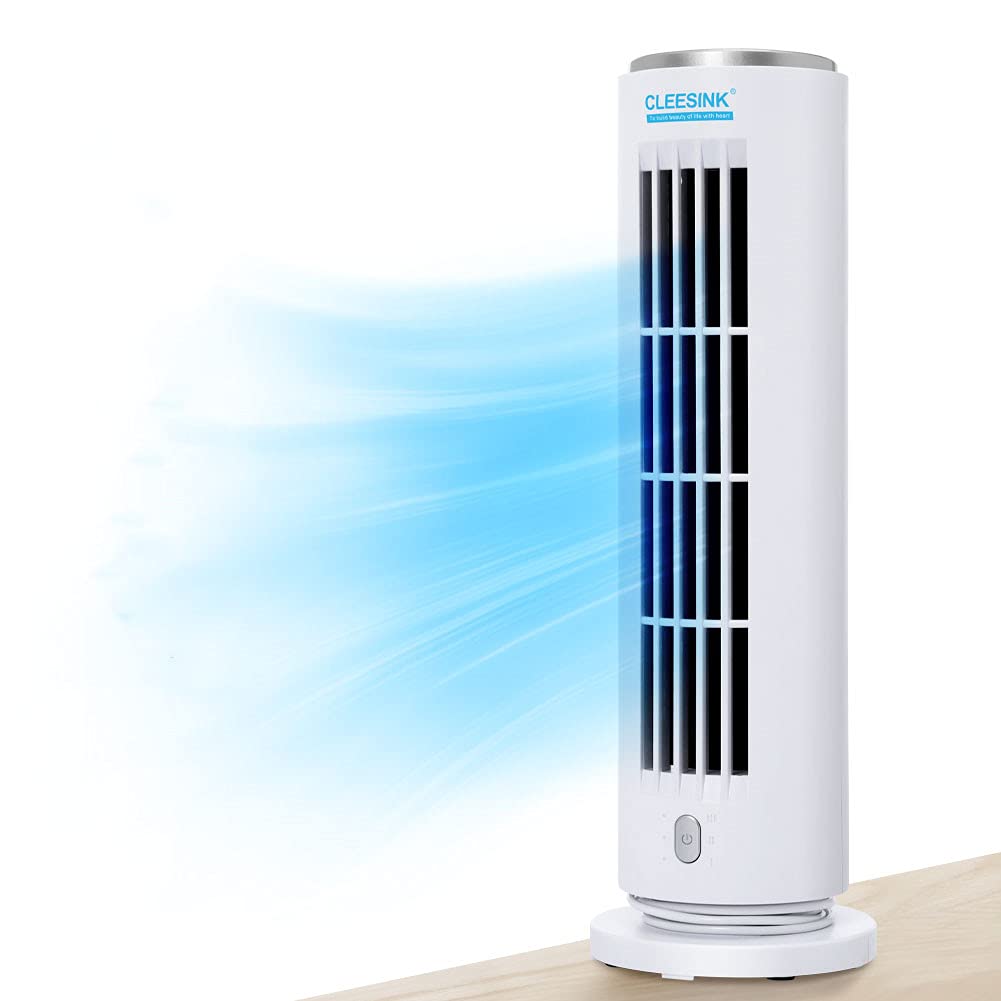 CLEESINK Small Desk Fan, 12 3/8" Portable USB Table Fan, 3 Settings, Quiet Personal Mini Cooling Tower Fan with Turbine Technology, for Bedroom Office Tabletop Home Nightstand