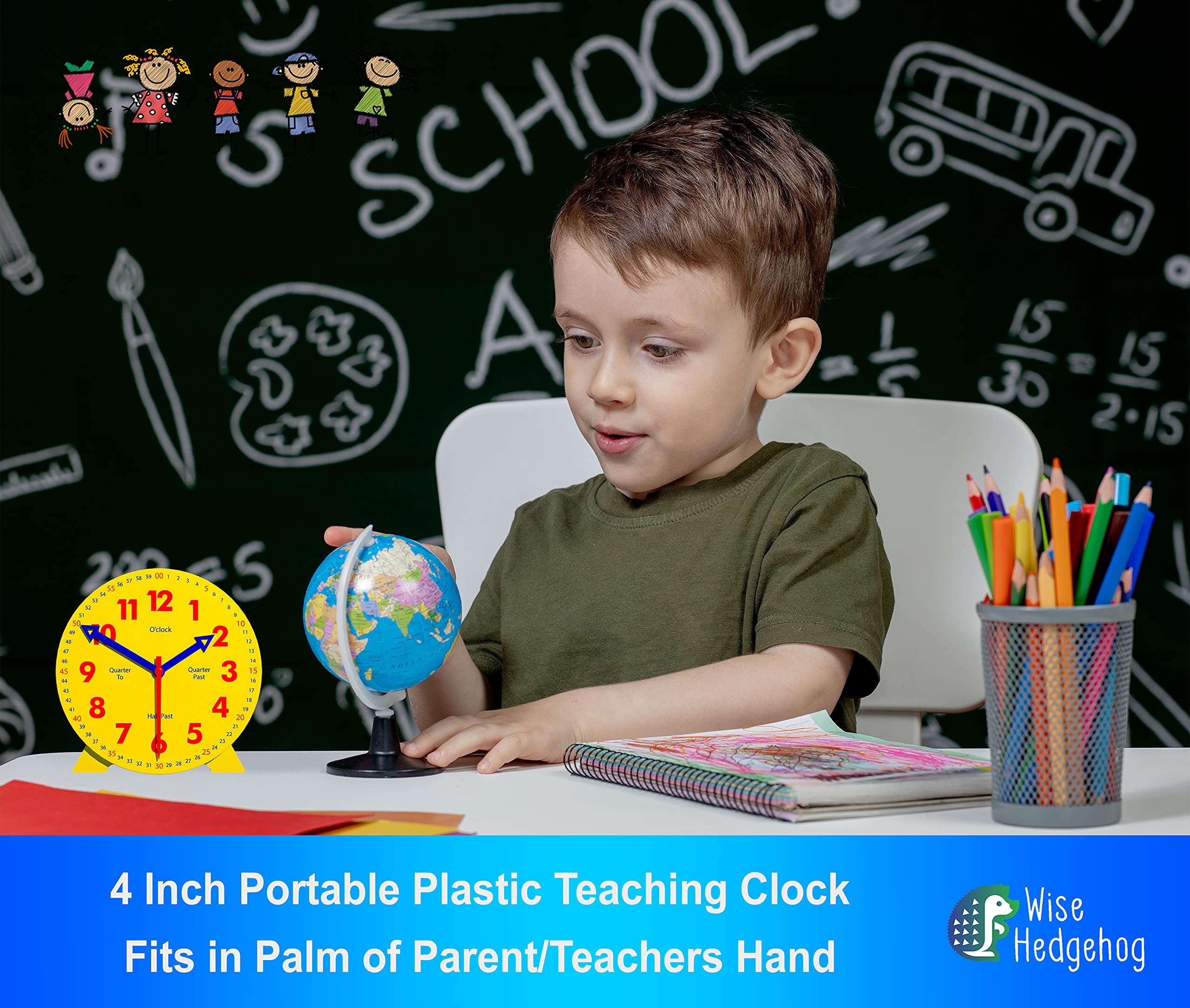 WISE HEDGEHOG Kids Telling Time Practice Learning Clock, 4 Inch Size Teaching Handheld Analog Clock, Geared Movement Makes Fingers Move Like Real Clocks, for School Classrooms and Homeschool Supplies