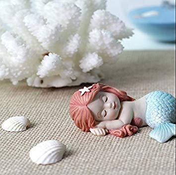 Miniature Fairy Garden and Aquarium Decorations Resin Sleeping Little Mermaid Statue Blue