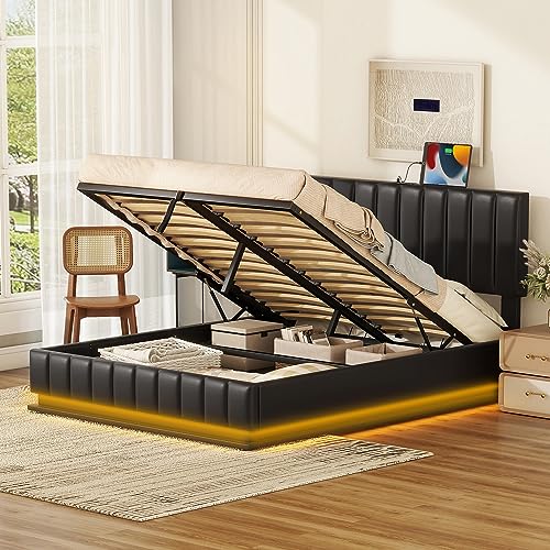 Favfurish Queen Size Lift Up Storage Bed,with Hydraulic System & 16 Color of LED Light,PU Upholstered Modern Platform BedFrame,w/Sockets and USB Ports for Boys Girls Teens Adult,Black