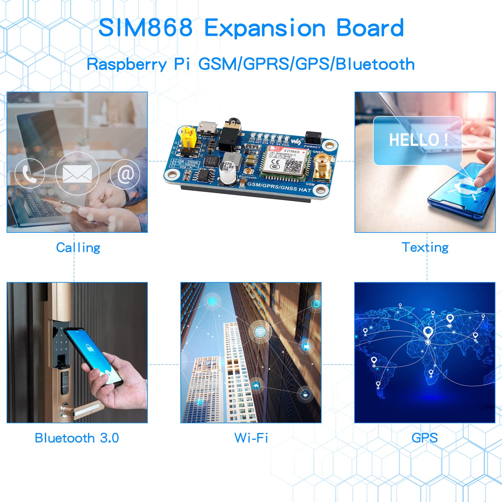 EC Buying GSM/GPRS/GPS/Bluetooth SIM868 Expansion Board, HAT Expansion Board GPS Module SIM868 Compatible with Arduino/Raspberry Pi, Send SMS, Bluetooth 3.0 Data Transmission