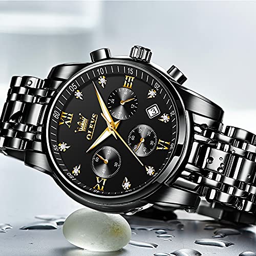 OLEVS Men Watches with Date Bussiness Watches for Male Luminous Quartz Mens Watches Waterproof with Stainless Steel Strap Stopwatch Timing Function (Black Band Black dial)