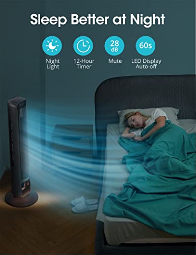 Tower Fan, 42”90° Oscillating Fan, DC Motor with 28dB, 12 Speeds, 4 Modes, Night Light, 12H Timer, LED Display, Quiet Portable Bladeless Fan with Remote for Bedroom, Living Room & Office