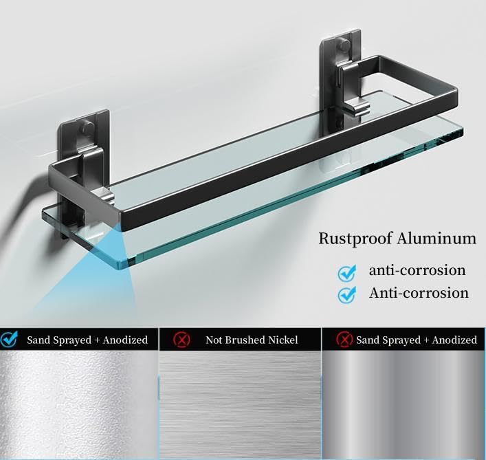 KATASKI 2 Pack Bathroom Glass Shelf ,Aluminum Tempered Glass 0.34in Extra Thick 1 Tier Storage Organizer Wall Mount,Black 15.7in
