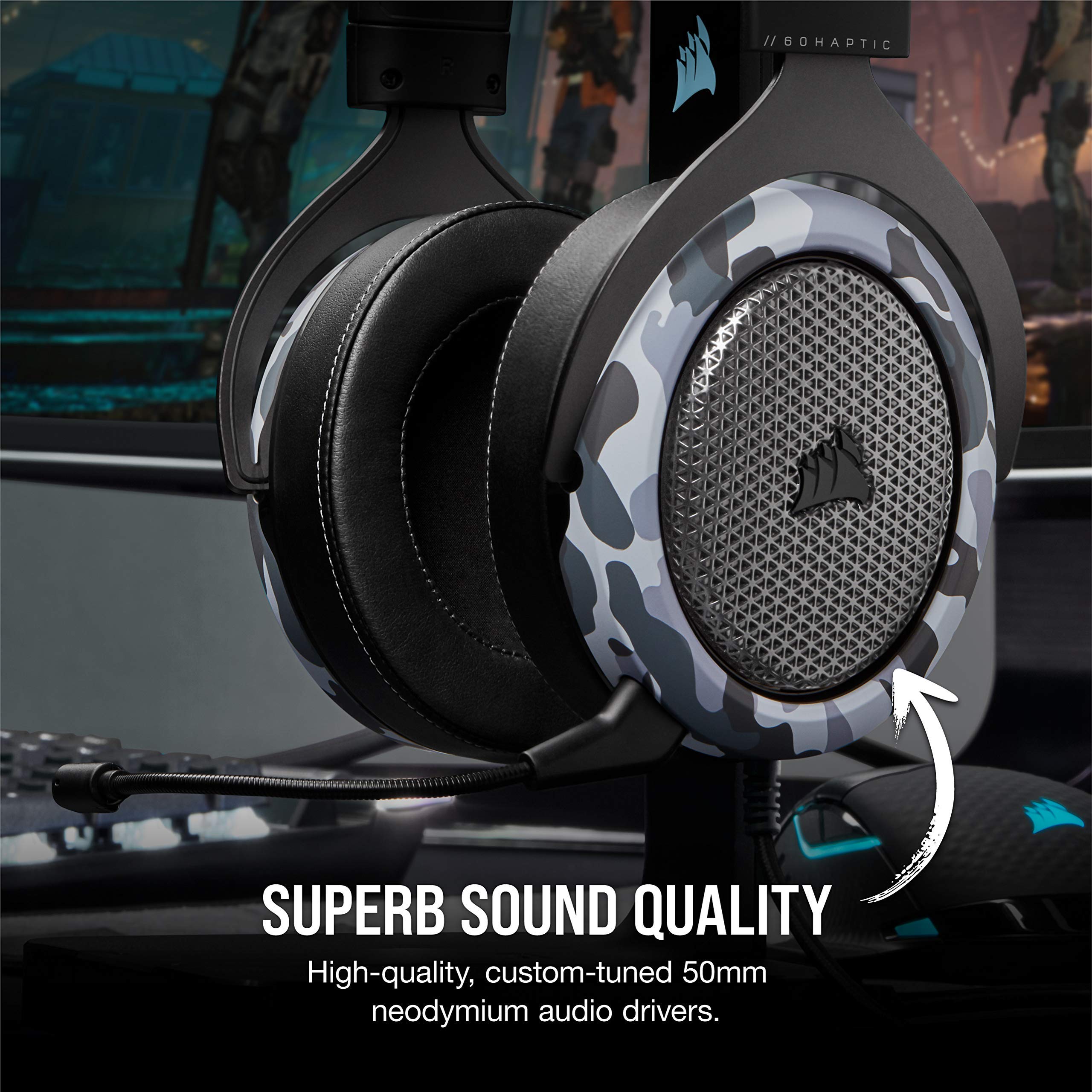 Corsair HS60 Haptic Stereo Gaming Headset with Haptic Bass, Memory Foam Earcups, Removable Microphone, Windows Sonic Compatible, Discord-Certified for PC - Arctic Camo (Renewed)