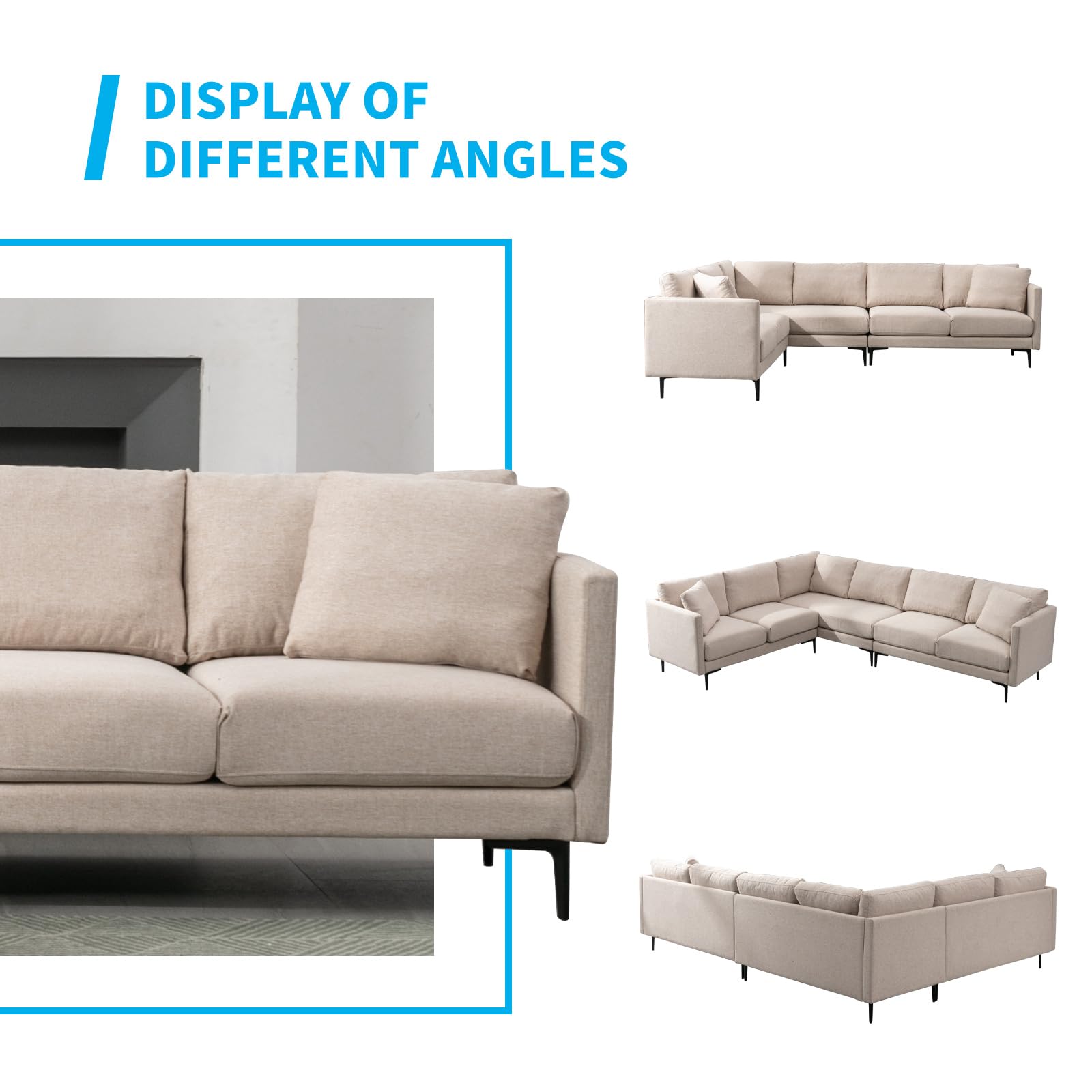 Mjkone 107" Modern Linen Sectional L-Shaped Couch, Convertible L Shaped Sofa with 2 Cushions, Oversized 5 Seat Corner Sofa Couch Set with Sturdy Legs for Living Room Apartment - Beige