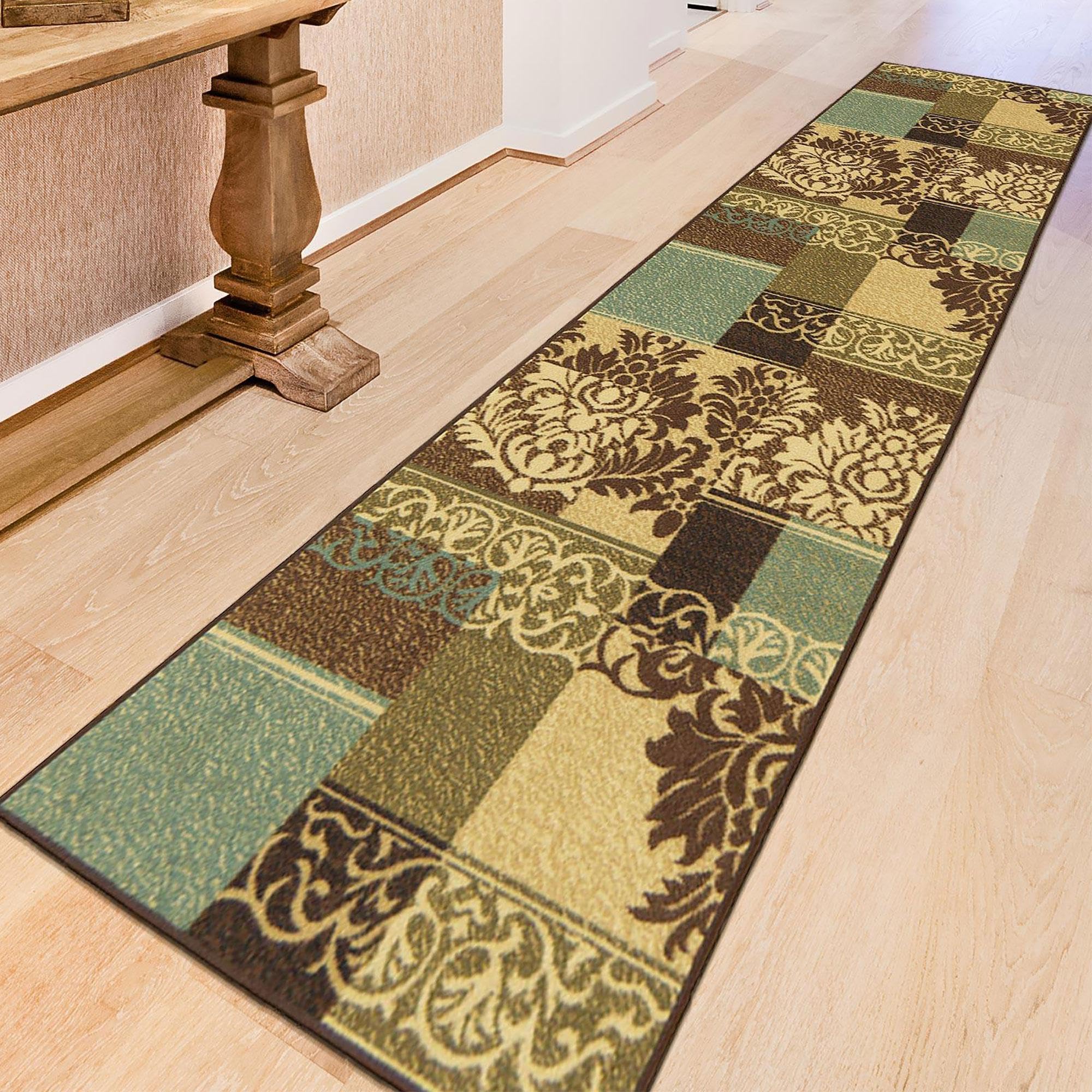 Machine Washable Damask Design Non-Slip Rubberback 3x10 Traditional Runner Rug for Hallway, Kitchen, Bedroom, Living Room, 2'7" x 9'10", Brown/Green