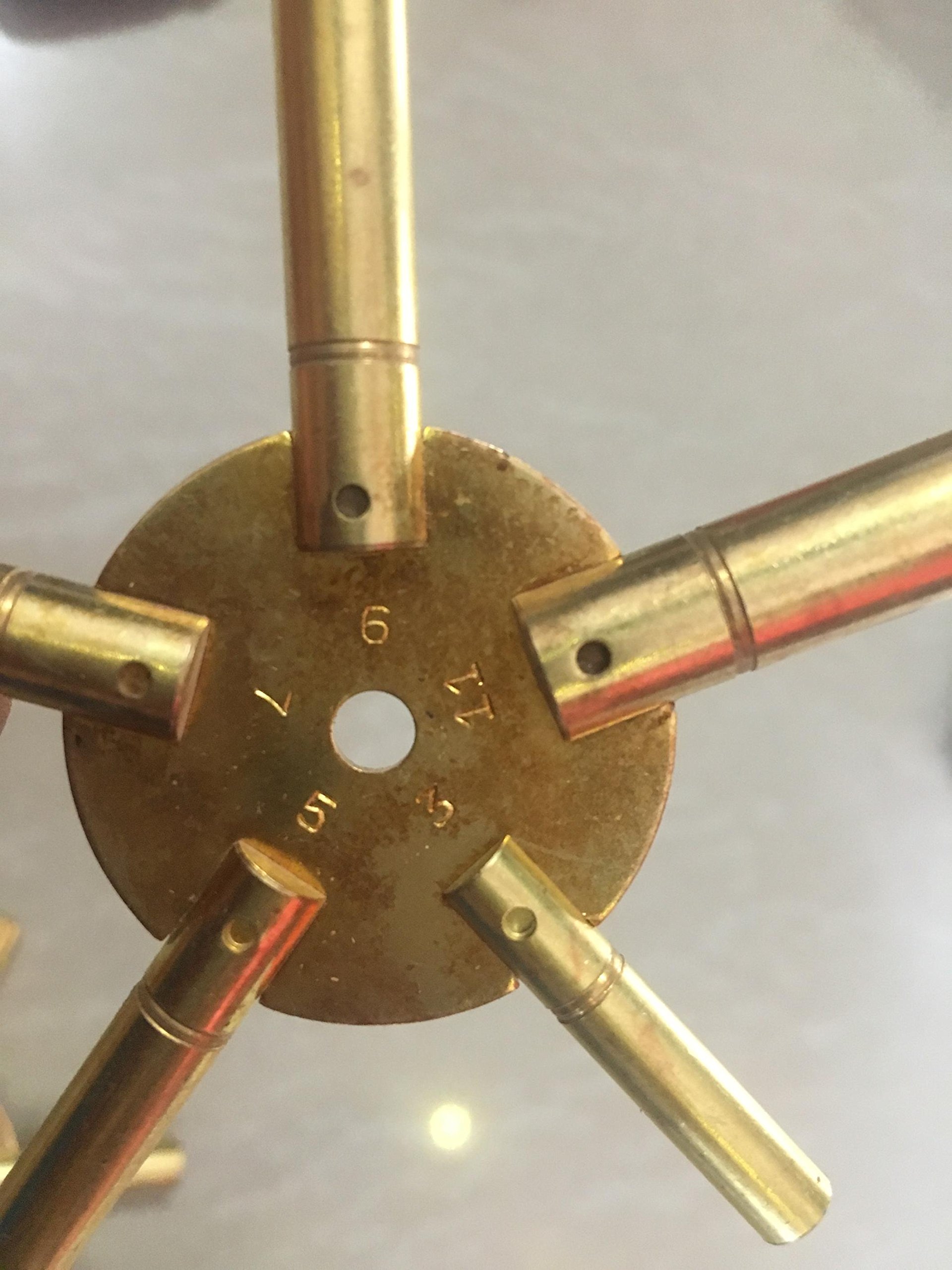 Universal 5 Prong Brass Clock Key for Winding Clocks, Odd and Even Numbers with Cover from Brass Blessing (5192)