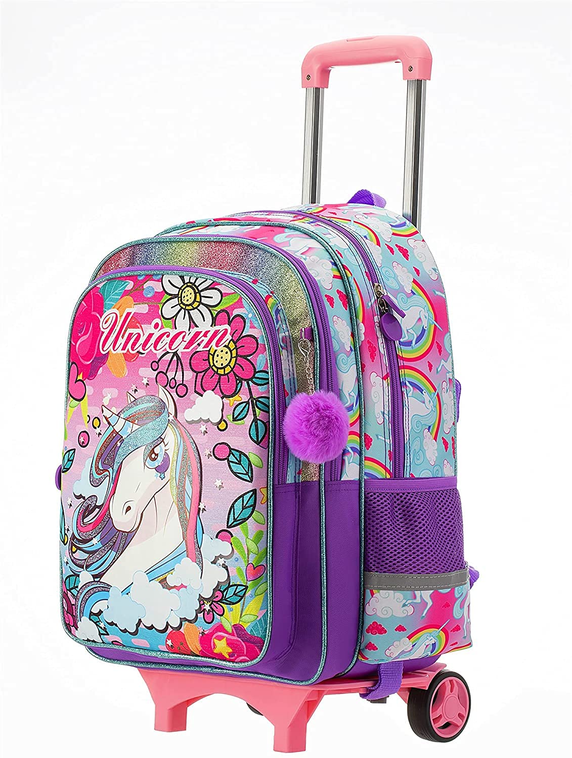 Egchescebo Kids Rolling School Backpack Bags for Girls With Wheels Trolley Roller Wheeled 5PCS With Lunch Box Cute Unicorn Pattern Rolling Backpacks Bags Girls Pink