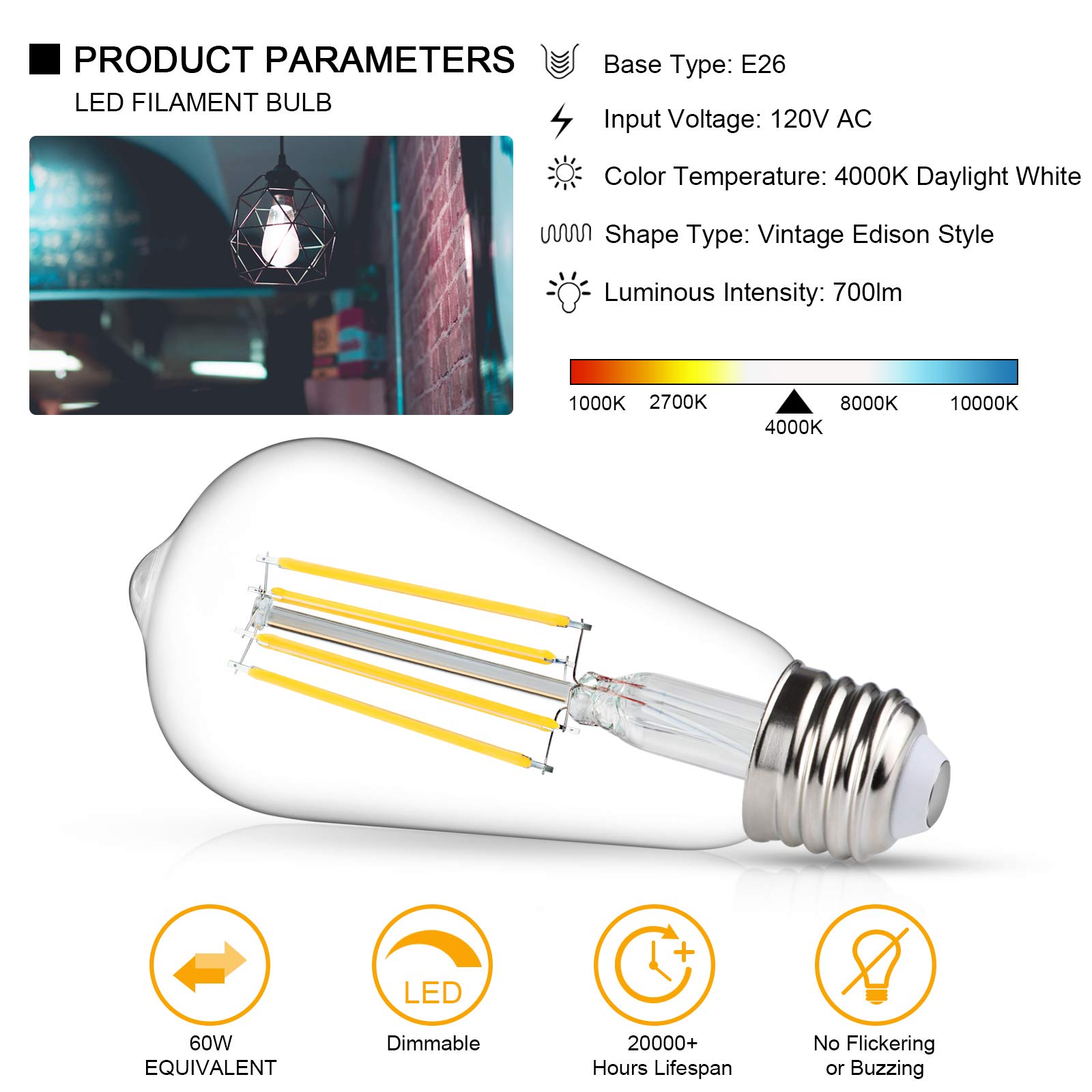 Defurhome Dimmable LED Edison Bulbs, 60W Equivalent, 700Lumens, Daylight White 4000K, 6W ST58 LED Filament Light Bulbs, Antique Style Light Bulb, E26 Medium Base, Pack of 5