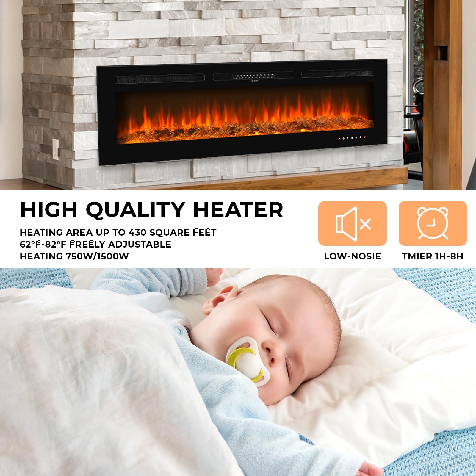 Clevich 60 inches Electric Fireplace Insert and Wall Mounted with Multicolor Flame,750w/1500w Fireplace Heater Low Noise,Fire Place for The Living Room,Touch Screen Remote Control with Timer,Black