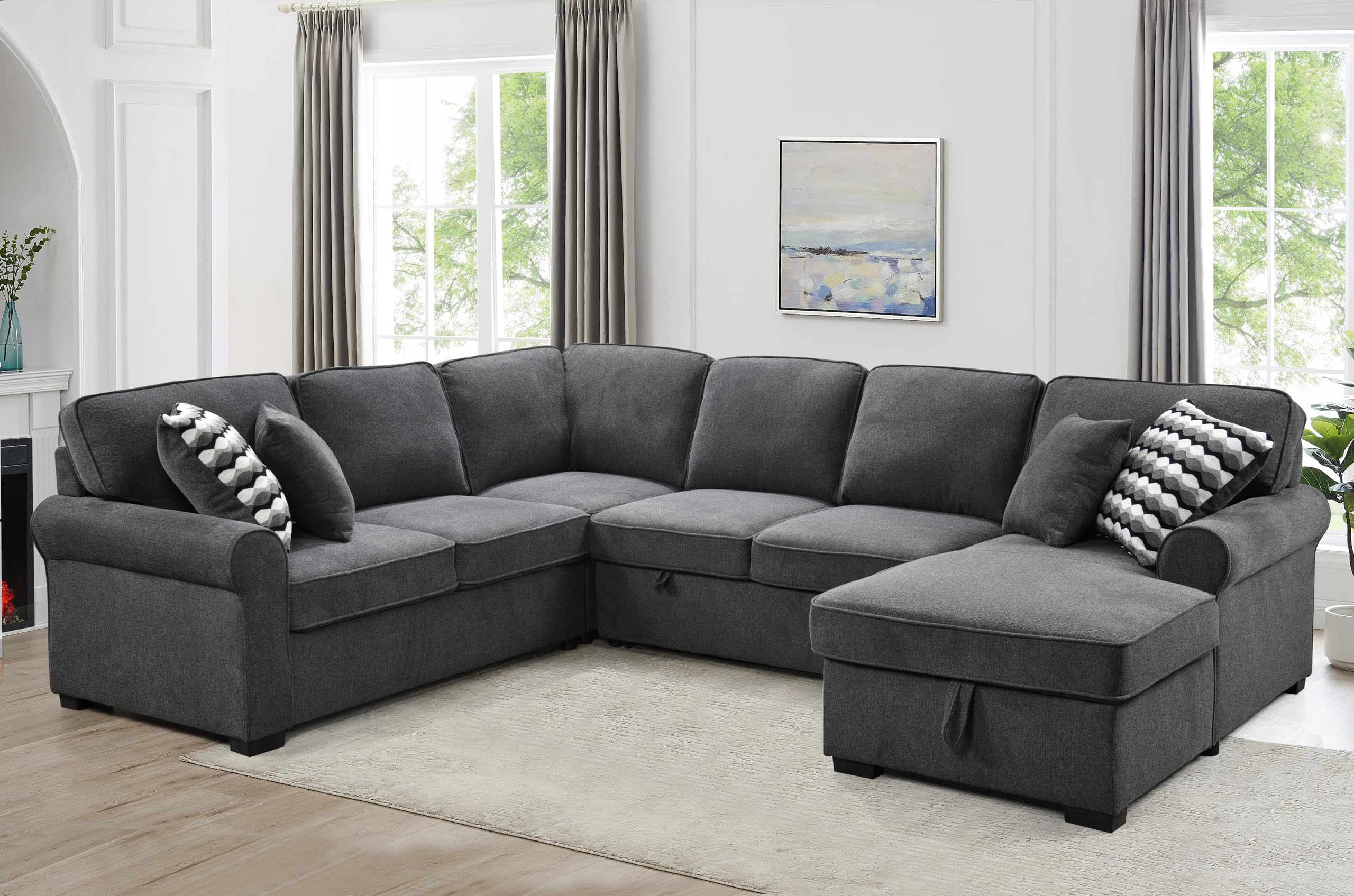RENDGO 117" U Shape Sectional Sleeper Sofa Bed with Storage Chaise for Large Space Dorm Apartment,Beige, 7 Seater