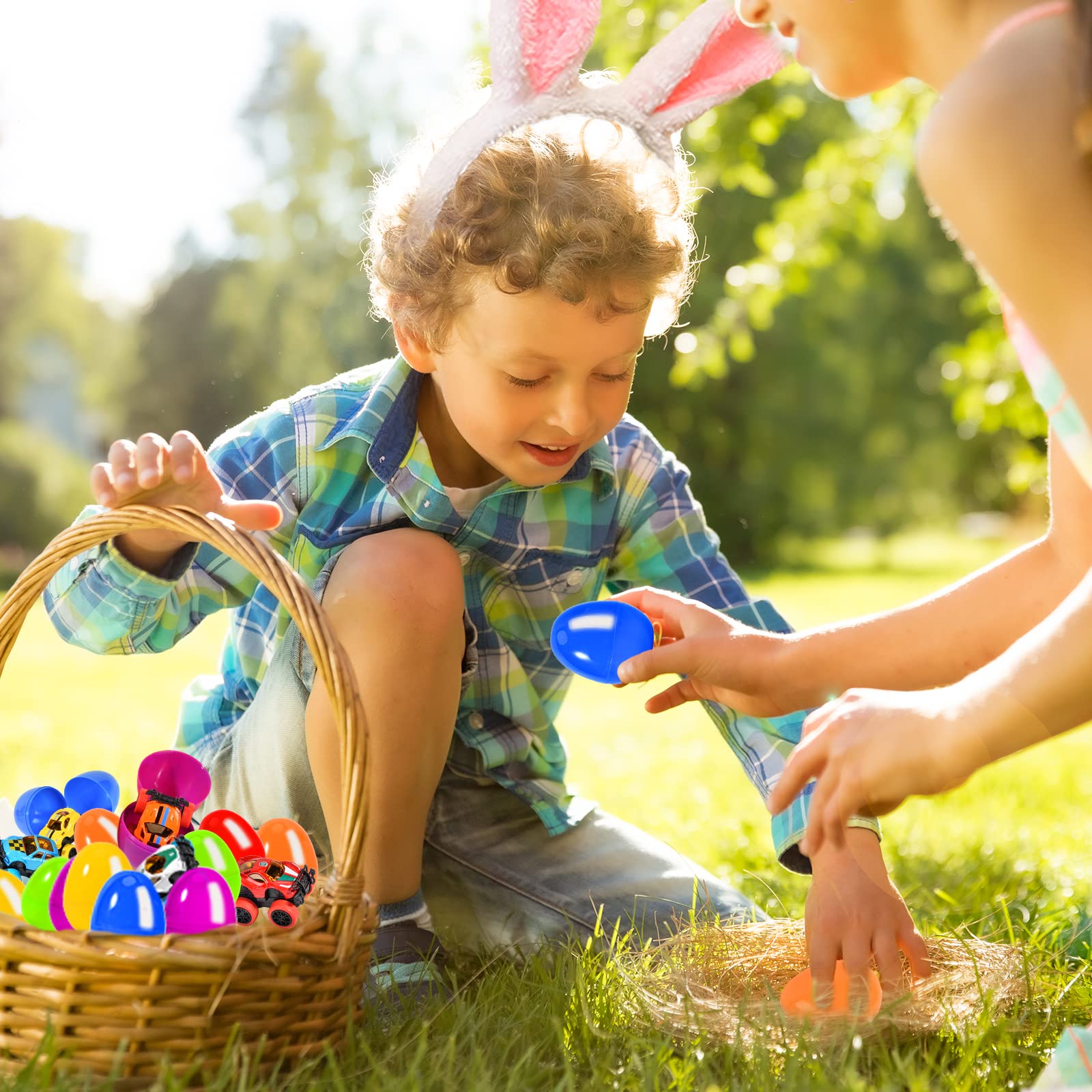 Easter Eggs with Die-cast Cars for Easter Egg Hunt, Easter Egg Filled with Pull Back Monster Car Trucks for Kids Easter Party Favor, Easter Basket Stuffer, Easter Prizes Rewards for Boys Kids,12 Pack