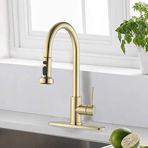 Cesicia Kitchen Faucet Set,Kitchen Sink Faucets with Pull Down Sprayer and Soap Dispenser,High Arc Tall Modern Single Handle Stainless Steel with 2 Modes,Brushed Gold