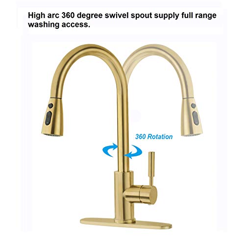 Fonveth Kitchen Faucet,Brushed Gold Kitchen Faucet with Pull Down Sprayer, Single Handle High Arc Pull Out Kitchen Sink Faucet, Single Hole Kitchen Faucet with Deck Plate,Upgrade Brushed Brass