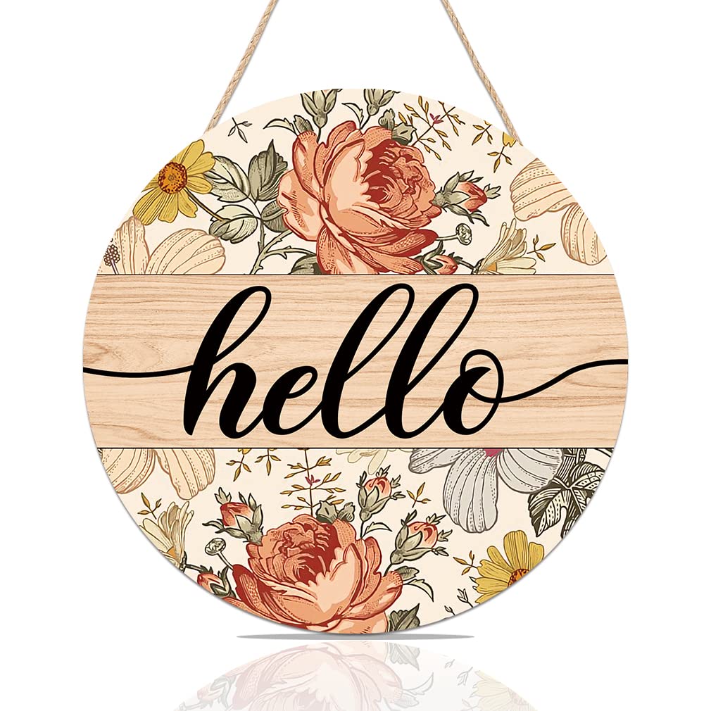 FWIEXA Vintage Hello Sign for Front Door, Boho Hello Spring Door Sign with Flowers, Colorful Floral Welcome Wooden Hanging Sign Decor for Entryway Front Porch Yard (12"x 12")