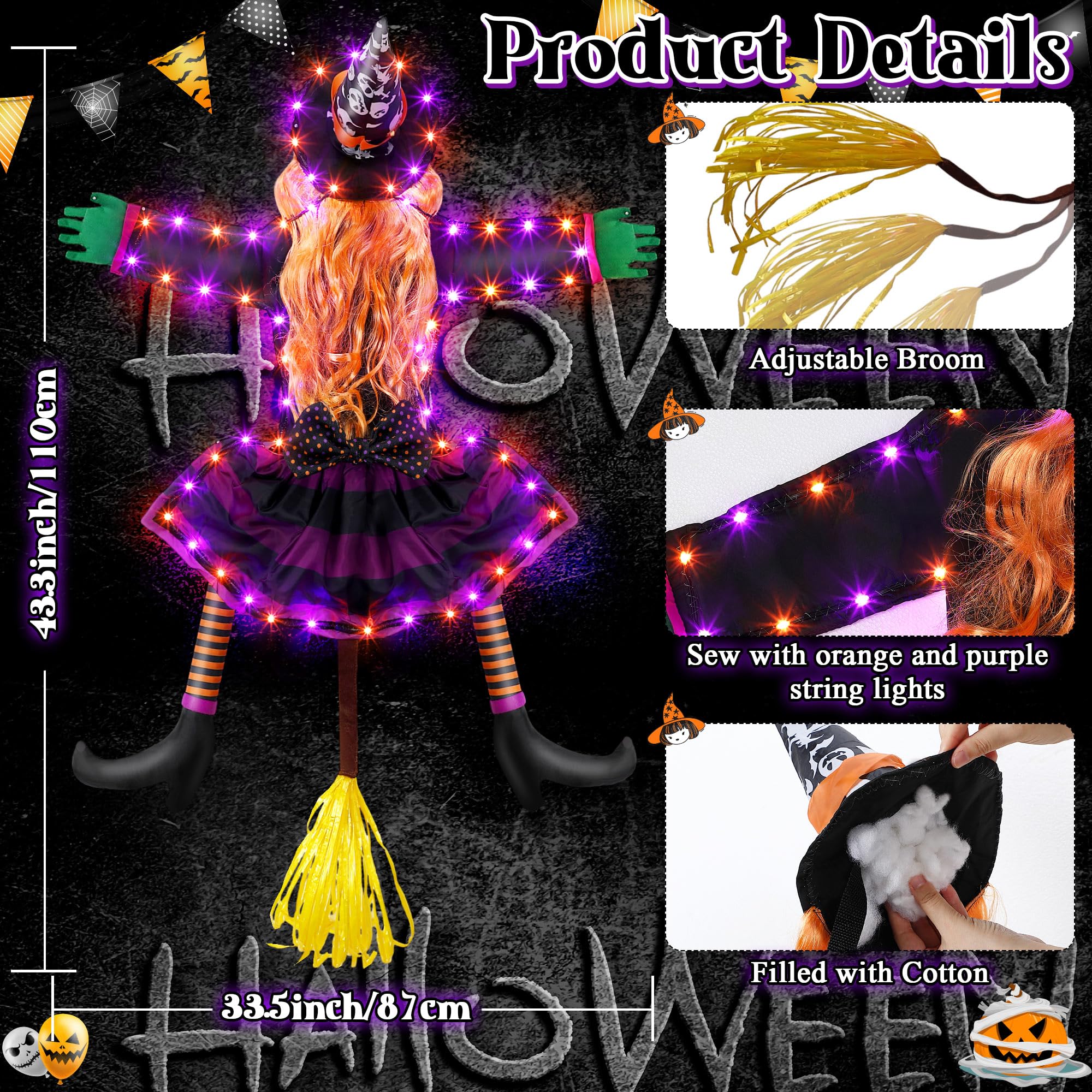 Crashing Witch into Tree Halloween Decorations (43 Inch Tall), Large Crashed Witch Sewed with Solar String Lights for Outdoor Porch Garden Patio Pathway Party Halloween Decor (Orange)