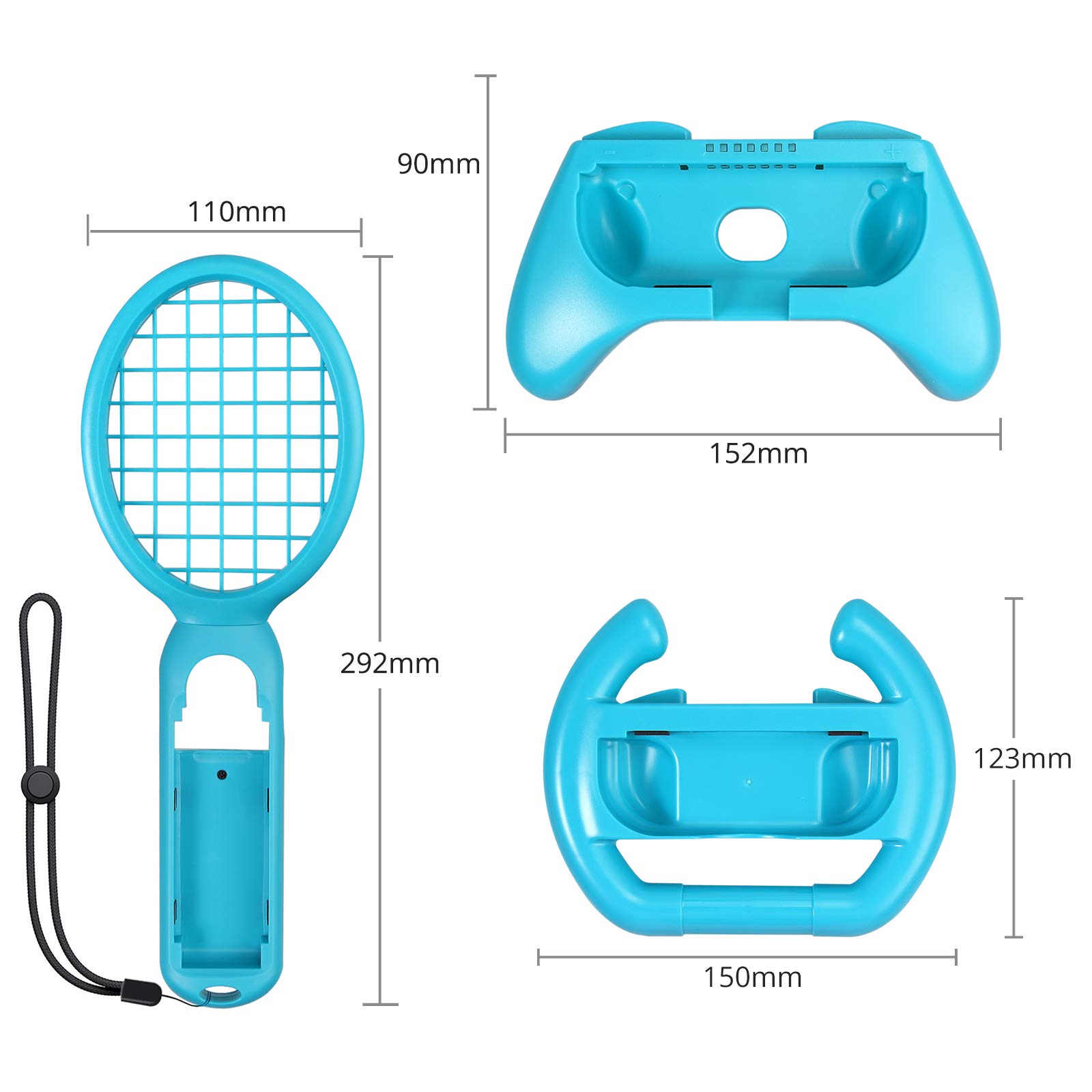 CAMWAY Game Accessories Bundle for Nintendo Switch Joy-Con With Switch Grip,Gaming Tennis Racket, Gaming Steering Wheel, Accessories for Mario Tennis Aces Game, Switch Controller Grip Handle Kit