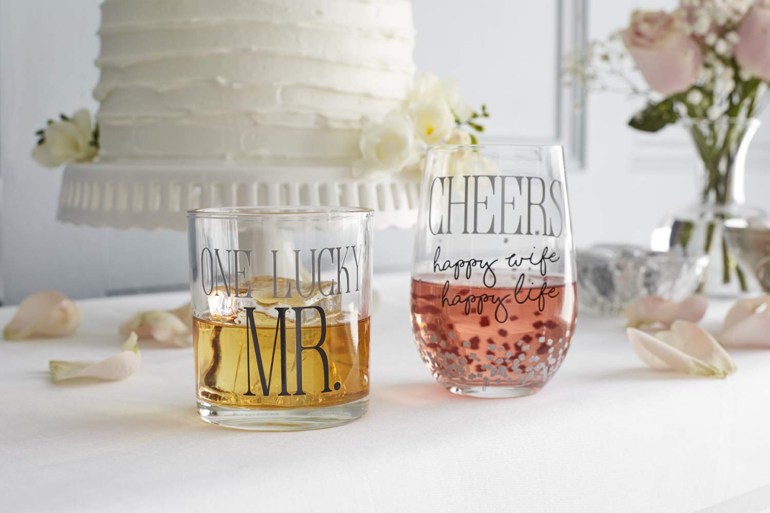 Enesco Our Name is Mud Cheers Wife Happy Life Glittered Stemless Wine Glass, 15 Ounce, Clear