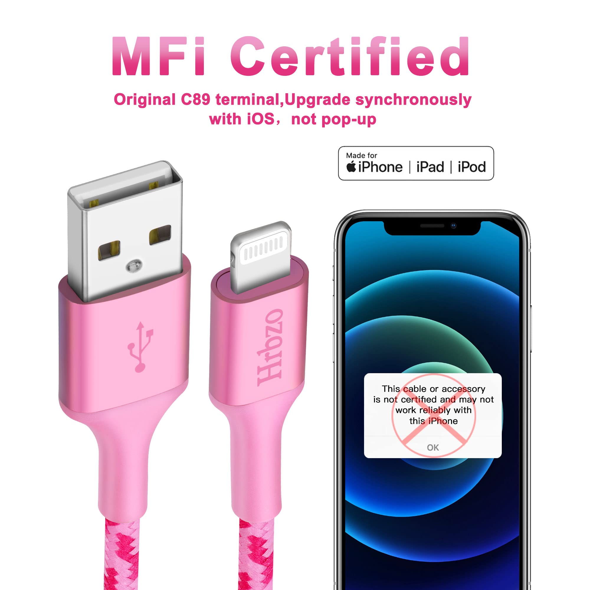 Hrbzo 3FT Nylon Braided Cable [1-Pack] [MFi Certified] Compatible with iPhone Charger Compatible iPhone 14/13/12/11/Xs/XR/8/SE/iPad More