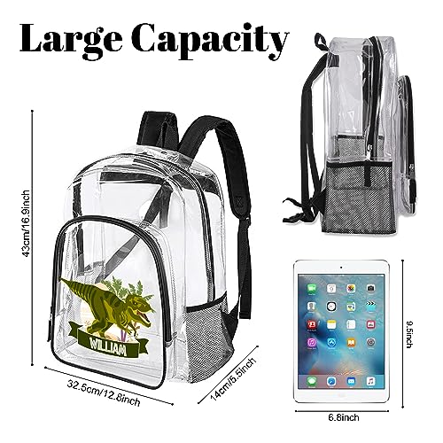 J&SBGFT Personalized Clear Backpack for Boys,Custom Dinosaur Clear Backpacks with Name,Transparent Backpack with Reinforced Strap,See Through Book Bag,Waterproof Heavy Clear Book Bag for School