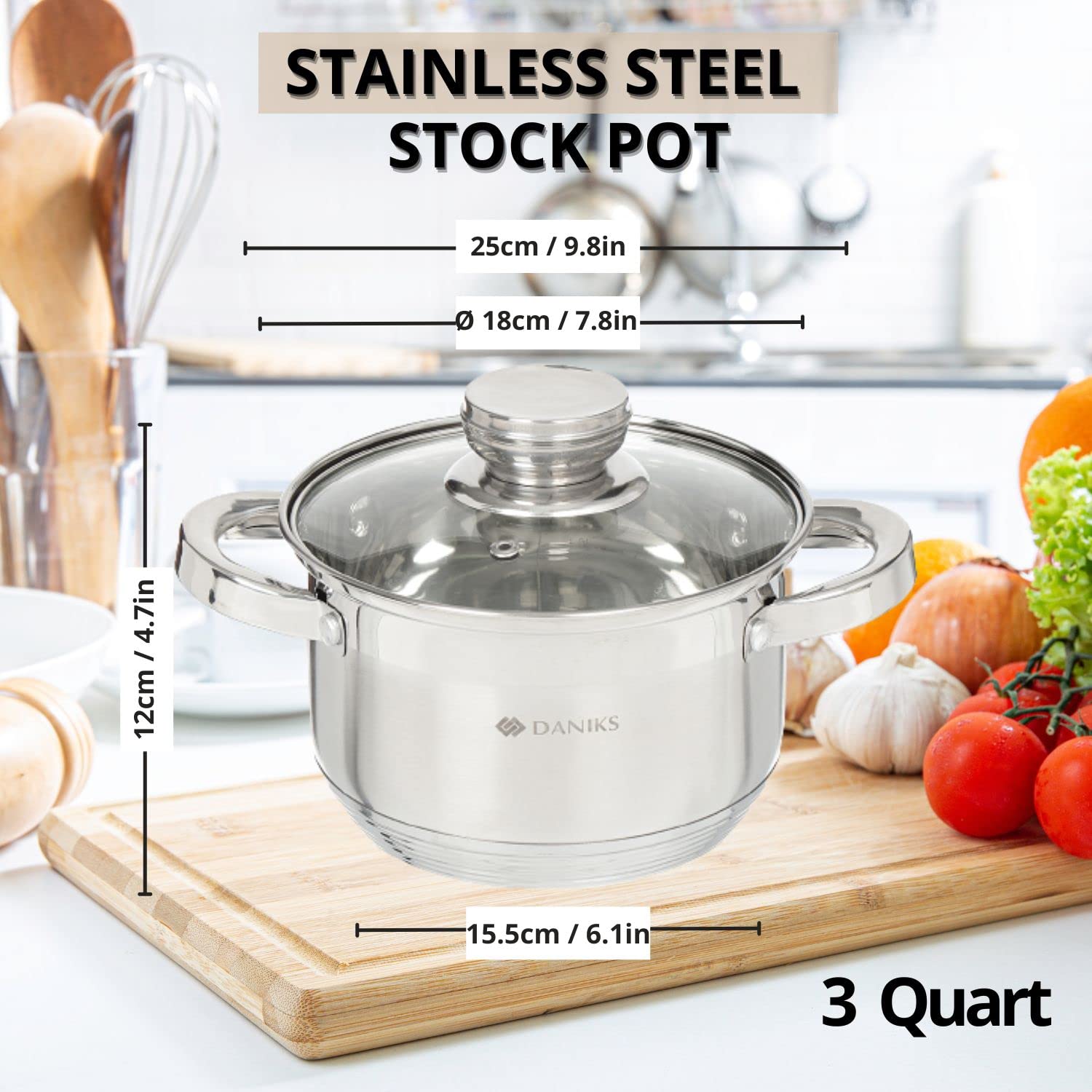 Daniks Standard Stainless Steel Stock Pot with Glass Lid | Induction 3 Quart | Dishwasher Safe Pot | Measuring Scale | Soup Pasta Stew Pot | Silver