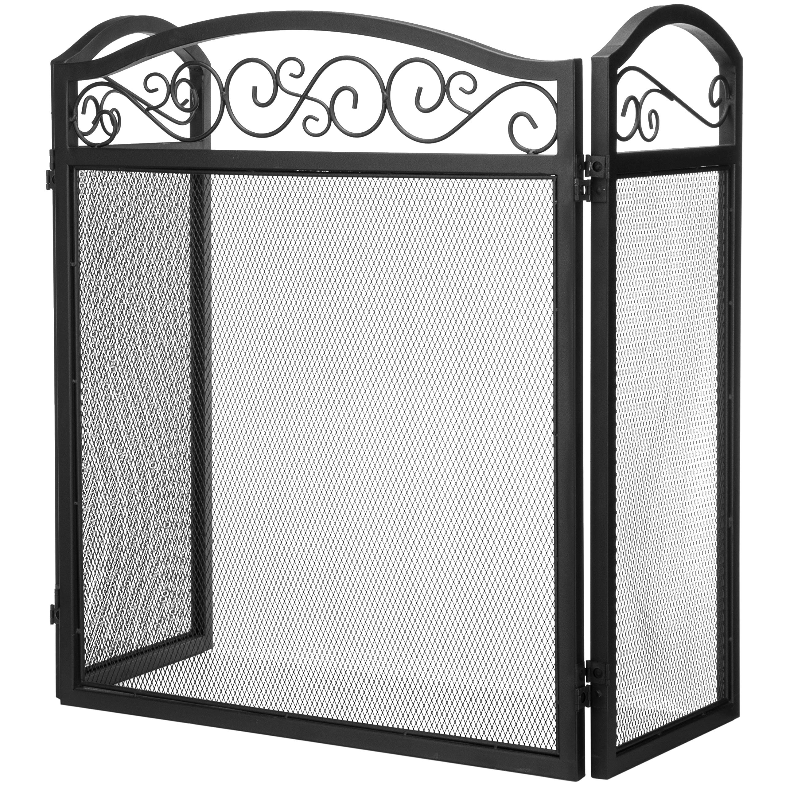 MyGift Black Wrought Iron 3 Panel Arched Fireplace Screen, Metal Mesh Screen Fire Spark Guard for Indoor Fireplace with Decorative Scrollwork Design