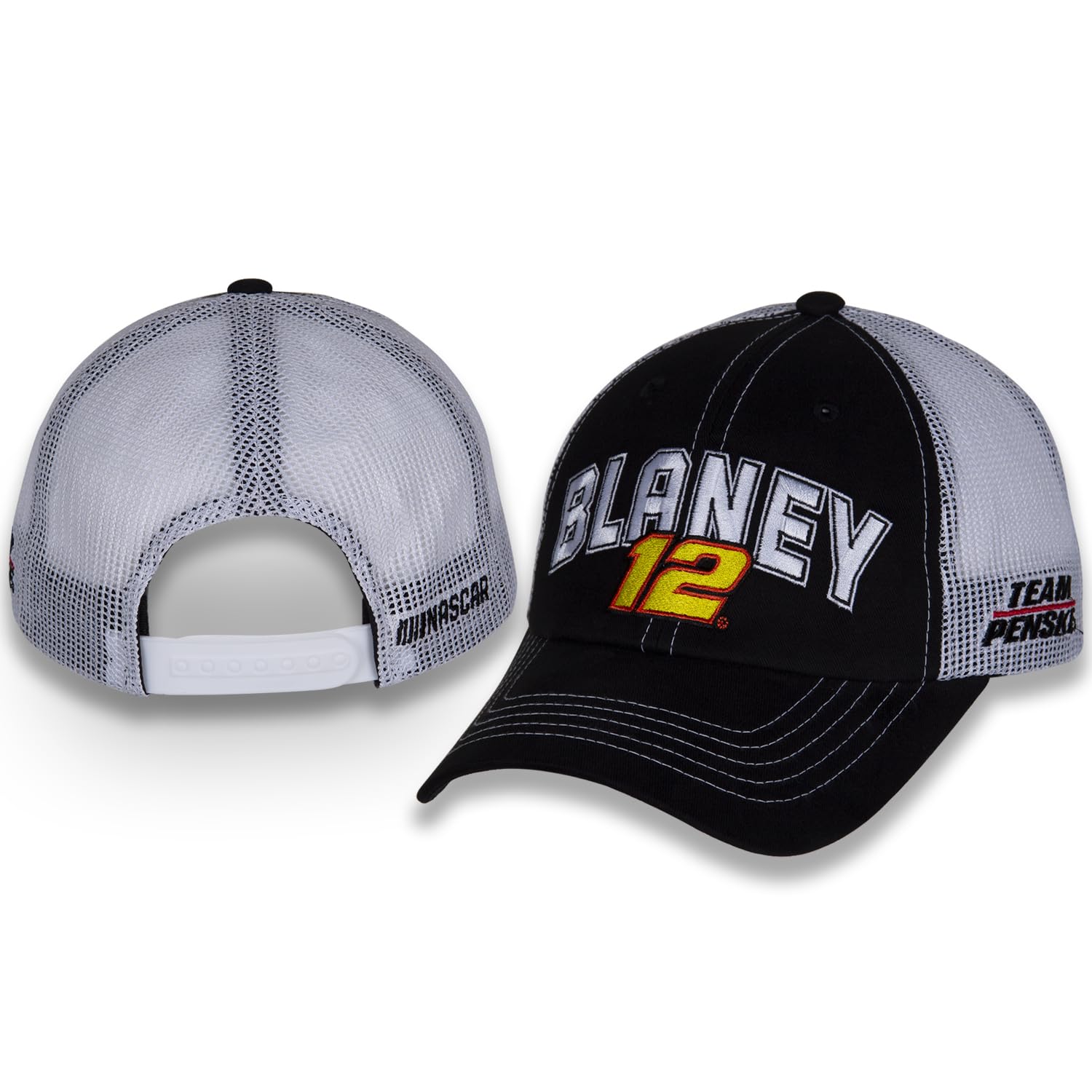 Checkered Flag Sports Ryan Blaney #12 NASCAR 2023 Black Name and Number Driver Adjustable White Mesh Trucker Hat