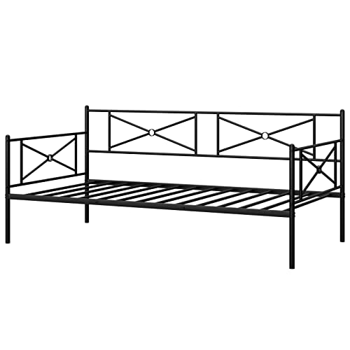 KOMFOTT Metal Daybed Frame, Twin Bed Frame with Steel Slats Support, Sofa Mattress Foundation with Headboard, No Box Spring Needed, Multifunctional Platform Bed Frame Fits Twin Mattress (Black)