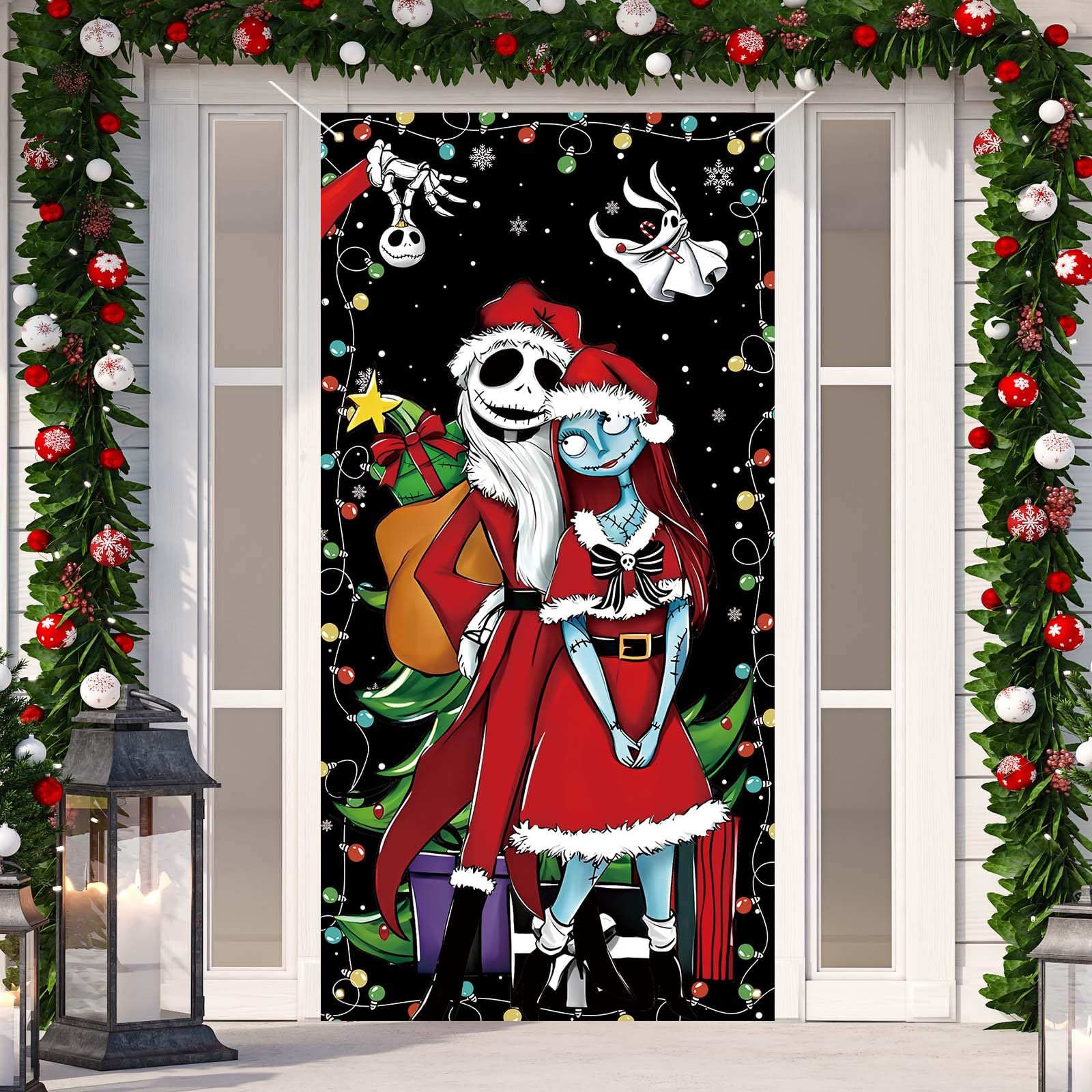 Jack Skeleton and Sally Door Cover Nightmare Before Christmas Front Porch Door Sign Banner Christmas Xmas Winter Holiday Decorations Outdoor Outside for Home