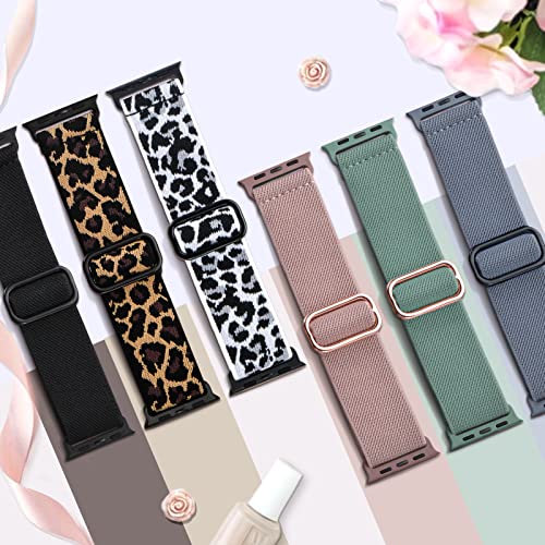 Stretchy Nylon Sport Bands Compatible with Apple Watch Band 38mm 40mm 41mm 42mm 44mm 45mm Women Men, Adjustable Braided Elastic Solo Loop Bands for iWatch SE Series 8/7/6/5/4/3/2,6 Packs E