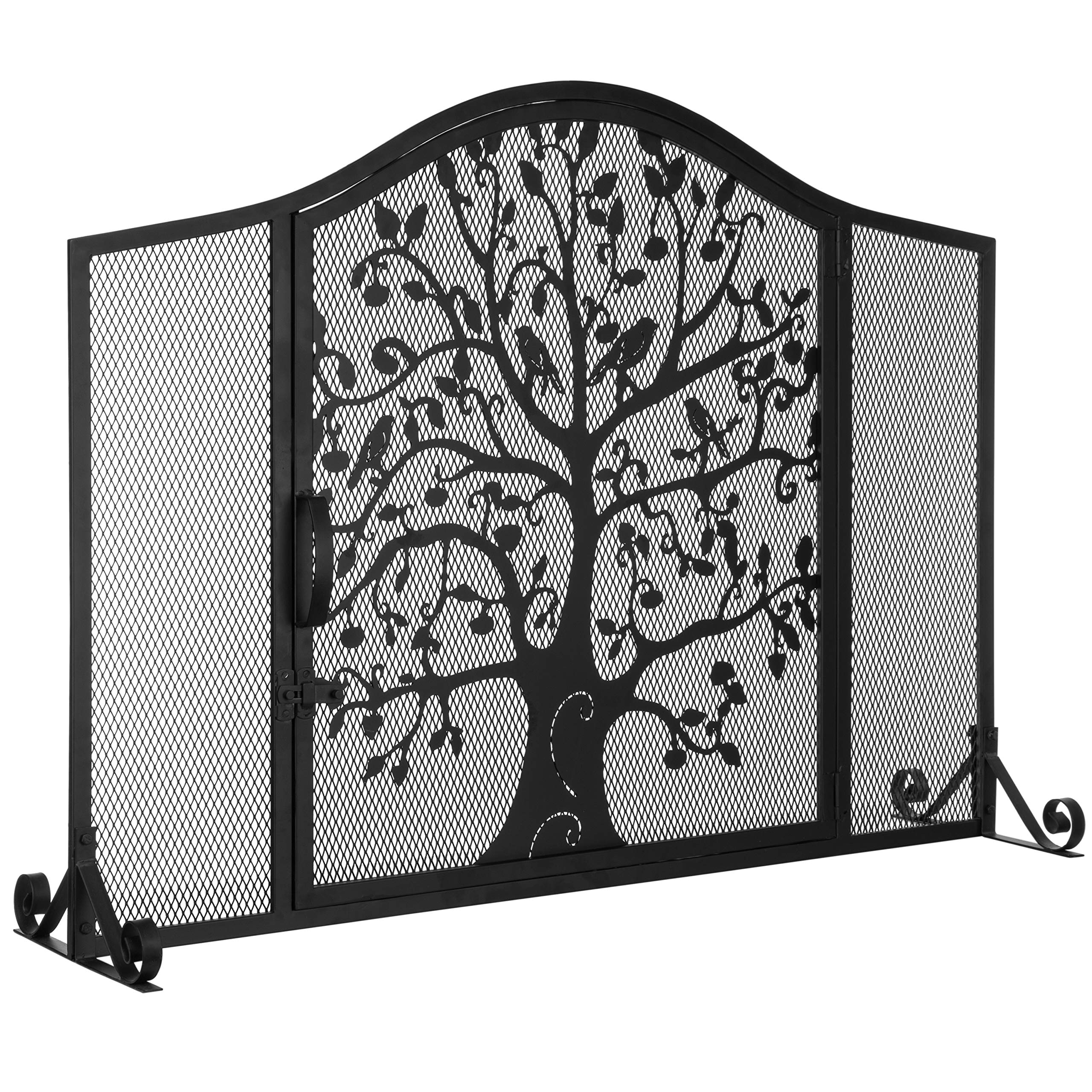 MyGift Black Wrought Iron Fireplace Screen Door with Silhouette Tree & Bird Design