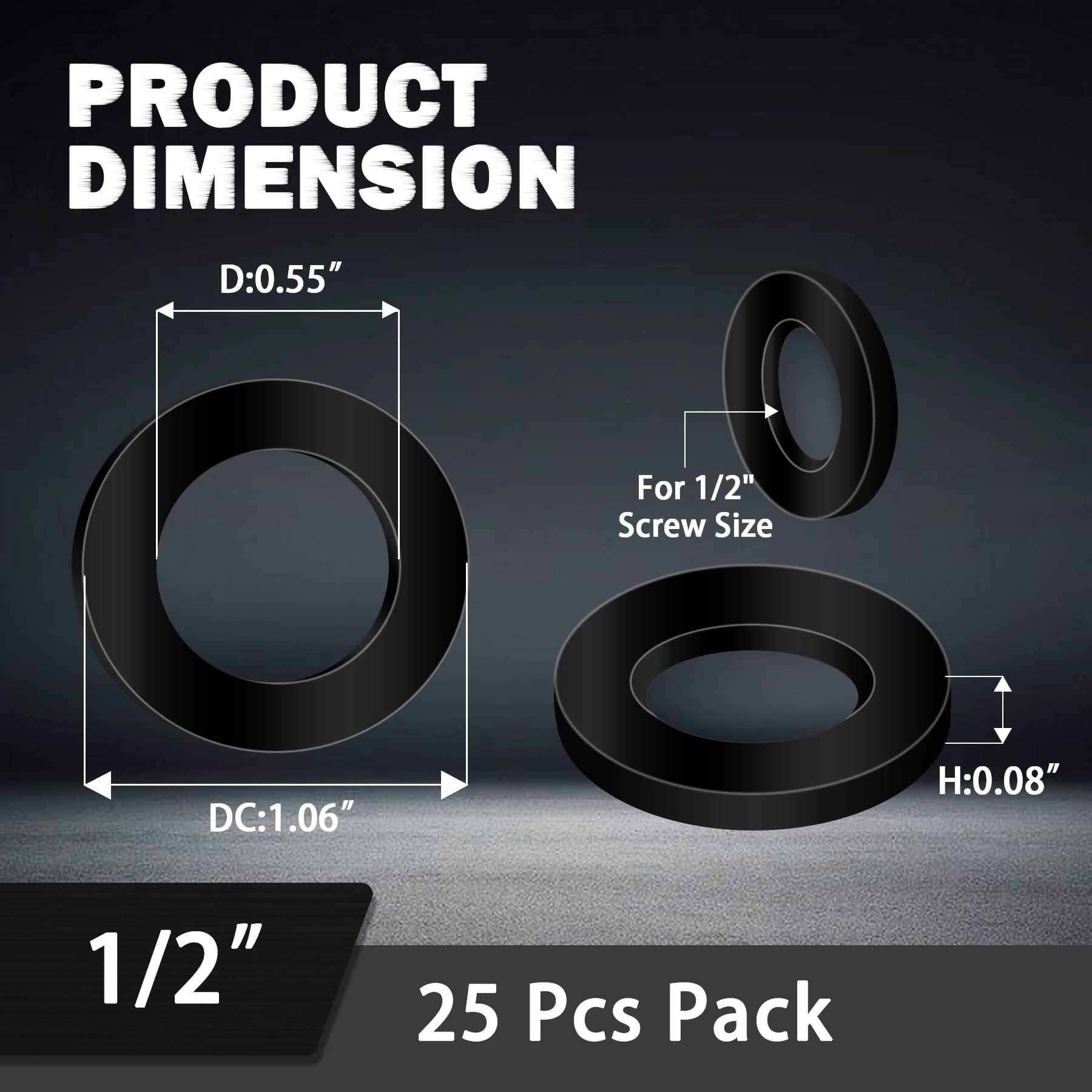 Flat Washers for Screws and Bolts, 18-8 Stainless Steel Hardware Washers,Black Oxide Finish, Fits 1/2" Fasteners (25 pcs Pack)