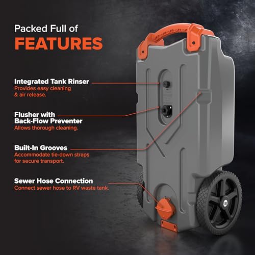 Camco Rhino 15-Gallon Portable Camper / RV Tote Tank - Features Large Heavy-Duty No-Flat Wheels & Low Drain Hole - Includes Removable Steel Tow Adapter, 3β RV Sewer Hose & More RV Accessories (39000)