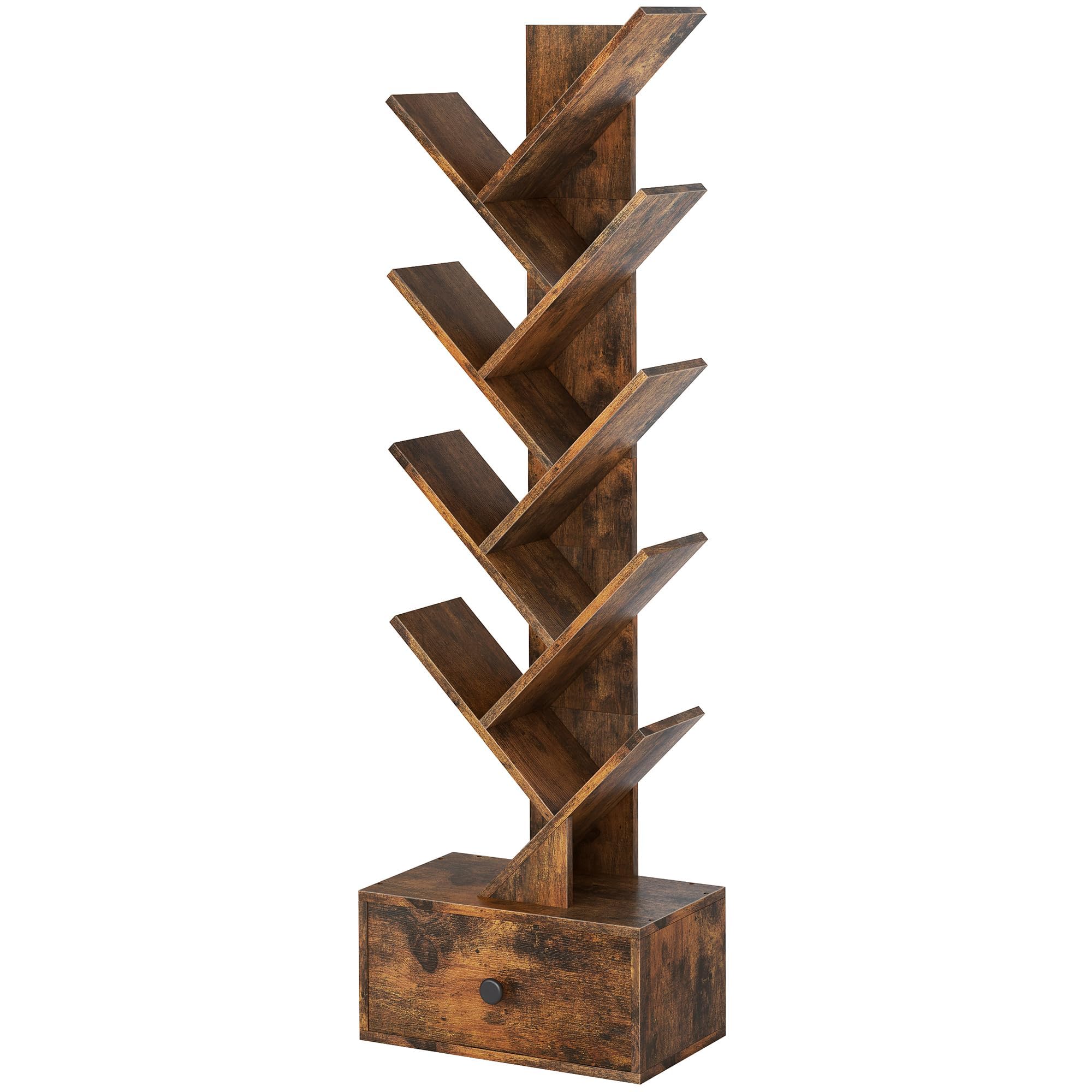 Gewudraw 4 Tier Tree Bookshelf with Drawer, Small Tree Bookcase, Table Top Book Shelf Organizer Shelves for Living Room, Bedroom, Home Office, Rustic Brown