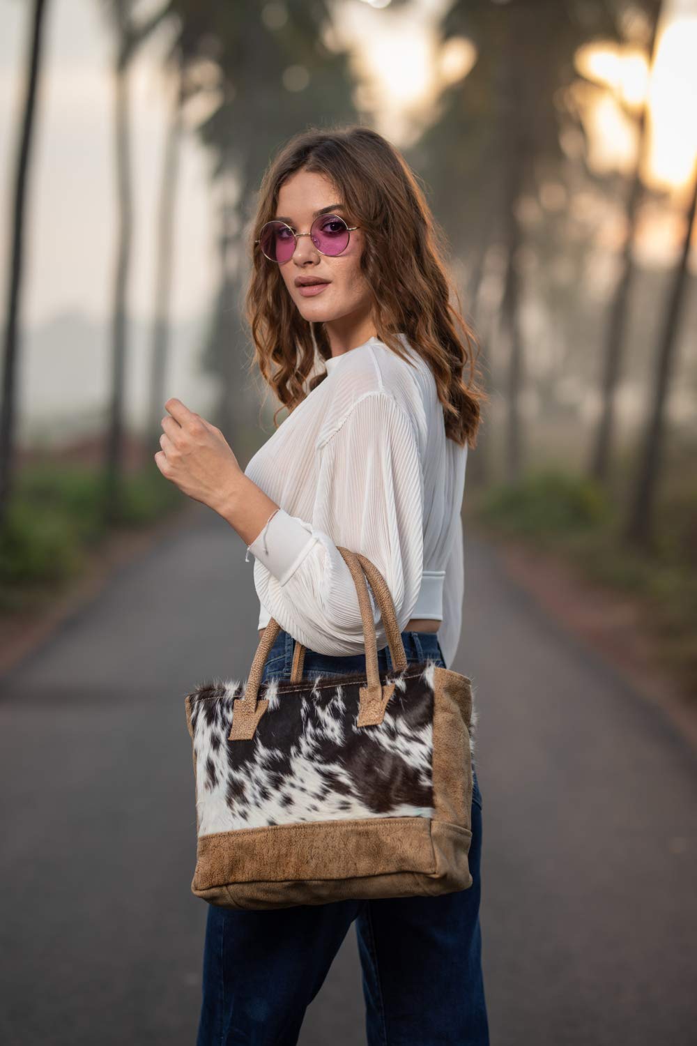 Myra Bag Black & White Cowhide & Leather Handbag S-1314, 13.5" W x 10" H x 4" D