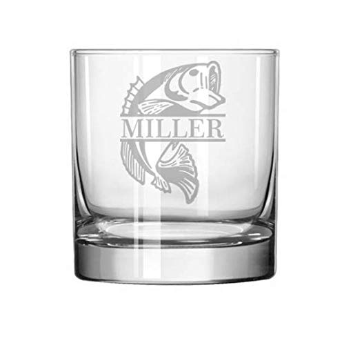 Engraved Rocks Whiskey Glass Bass Fish Fishing Custom Personalized