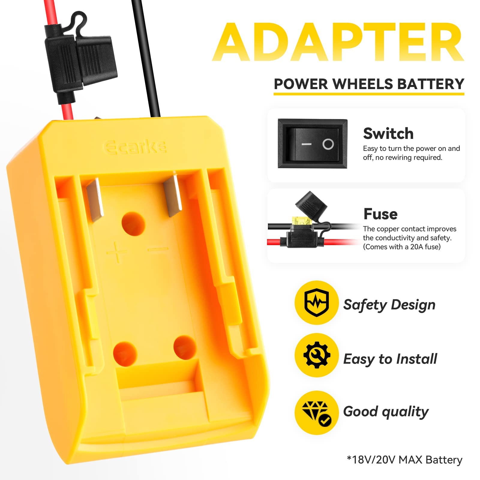 Ecarke Power Wheels Adapter for Dewalt 18V/20V DCB201 DCB205 ect Lithium Battery with Fuse & Wire terminals Power Convertor Dock Power Connector for Rc Toy Car,12 Gauge Robotics,Rc Truck,DIY(Upgrade)