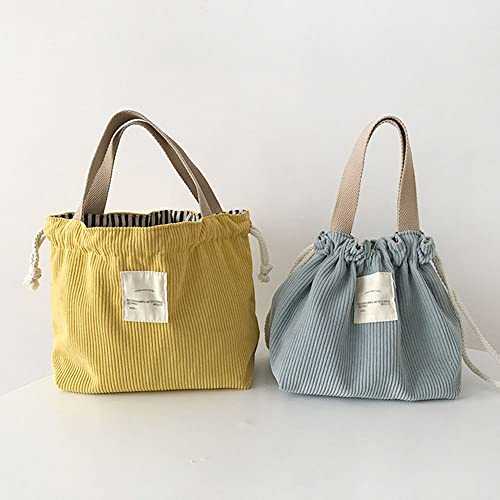 Outdoor Picnic Drawstring Picnic Tote Corduroy Canvas Dinner Container Cute Food Storage Bags Lunch Bag(Green)