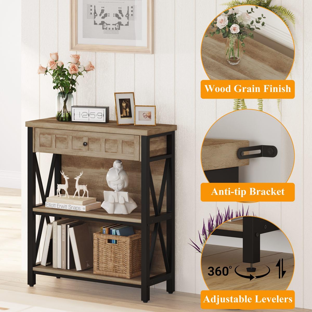 FATORRI Rustic Bookshelf with Drawer, Industrial Wood and Metal Bookcase, Small Book Shelf and Low Book case for Small Space (Rustic Oak)