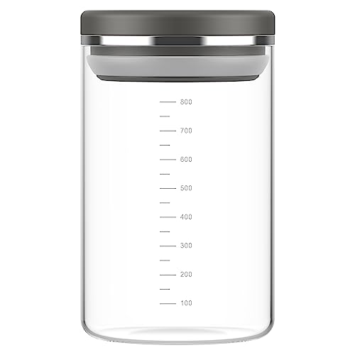 TrendPlain Air Tight Containers for Food - Pop Up High - Grade Borosilicate Glass Container with Stackable Lids - Storage Containers for Pantry, Cereal, Coffee, Rice, Flour 27 Oz / 800 ML, Grey