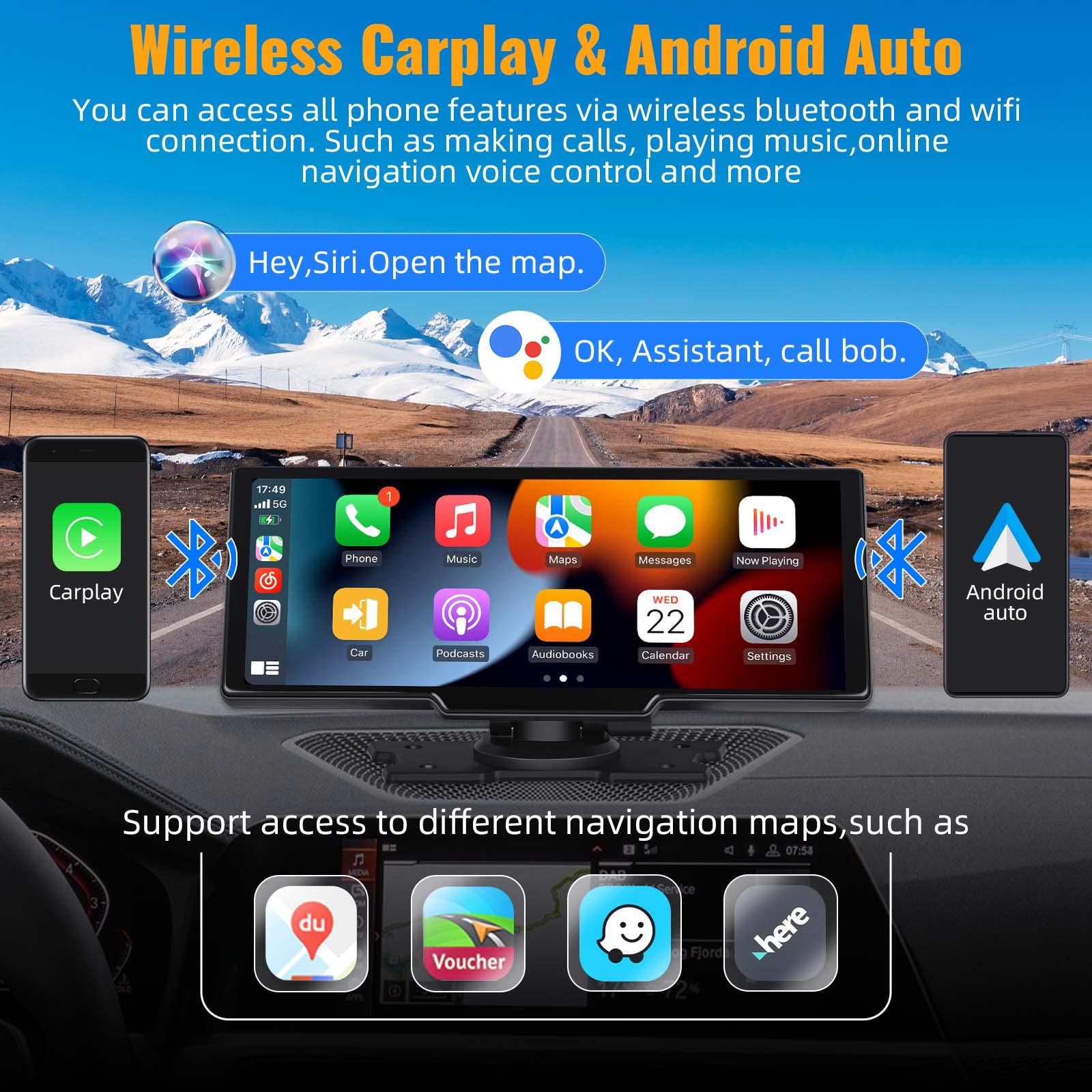 CAMECHO Wireless Apple Carplay Portable Car Stereo Android Auto, 9.3” HD Touchscreen CarPlay Screen, Portable Car Radio Support Bluetooth GPS Voice Control FM Dual Camera + 64G TF Card Car Charger