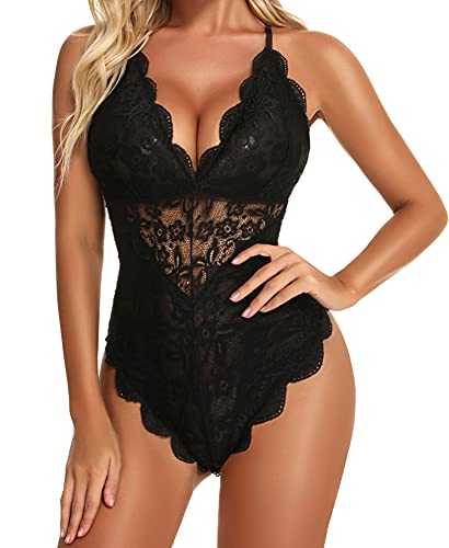 Namifin Women Snap Crotch Lingerie Sexy Lace Bodysuit Deep V Teddy One Piece Lace Babydoll Black