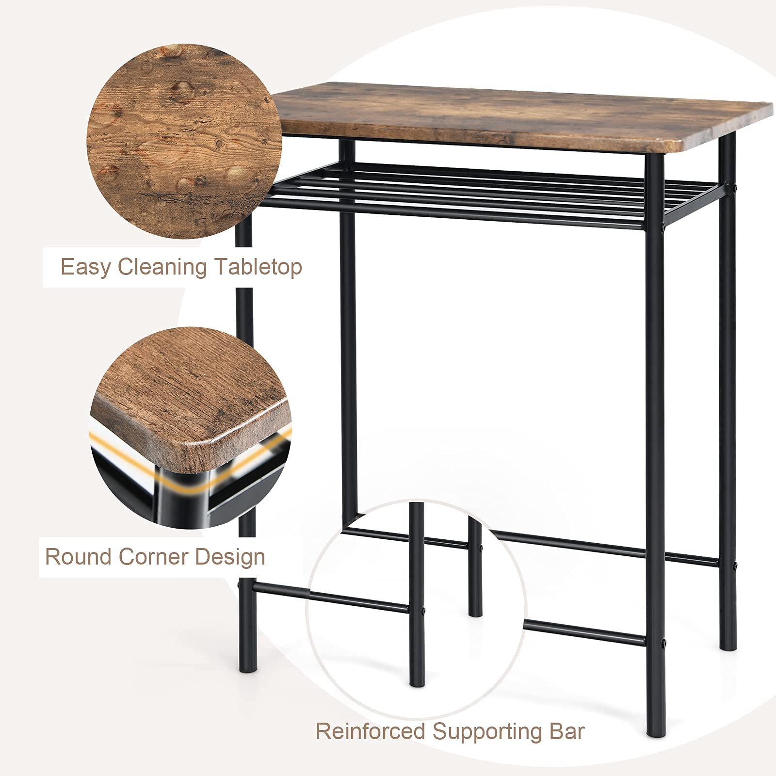 COSTWAY 3 Pieces Dining Table Set, Compact Dining Table Set with 2 Bar Stools, Space-Saving Bistro Set with Metal Fame and Storage Shelf, Pub Table and Chairs Set for Kitchen, Dining Room (Teak)