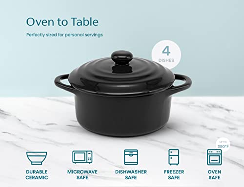 Kook Ceramic Mini Cocotte Set, Small Casserole Dishes with Lids and Handles, Individual Baking Ramekins, Oven, Microwave & Dishwasher Safe, Stoneware, 12 oz, Set of 4