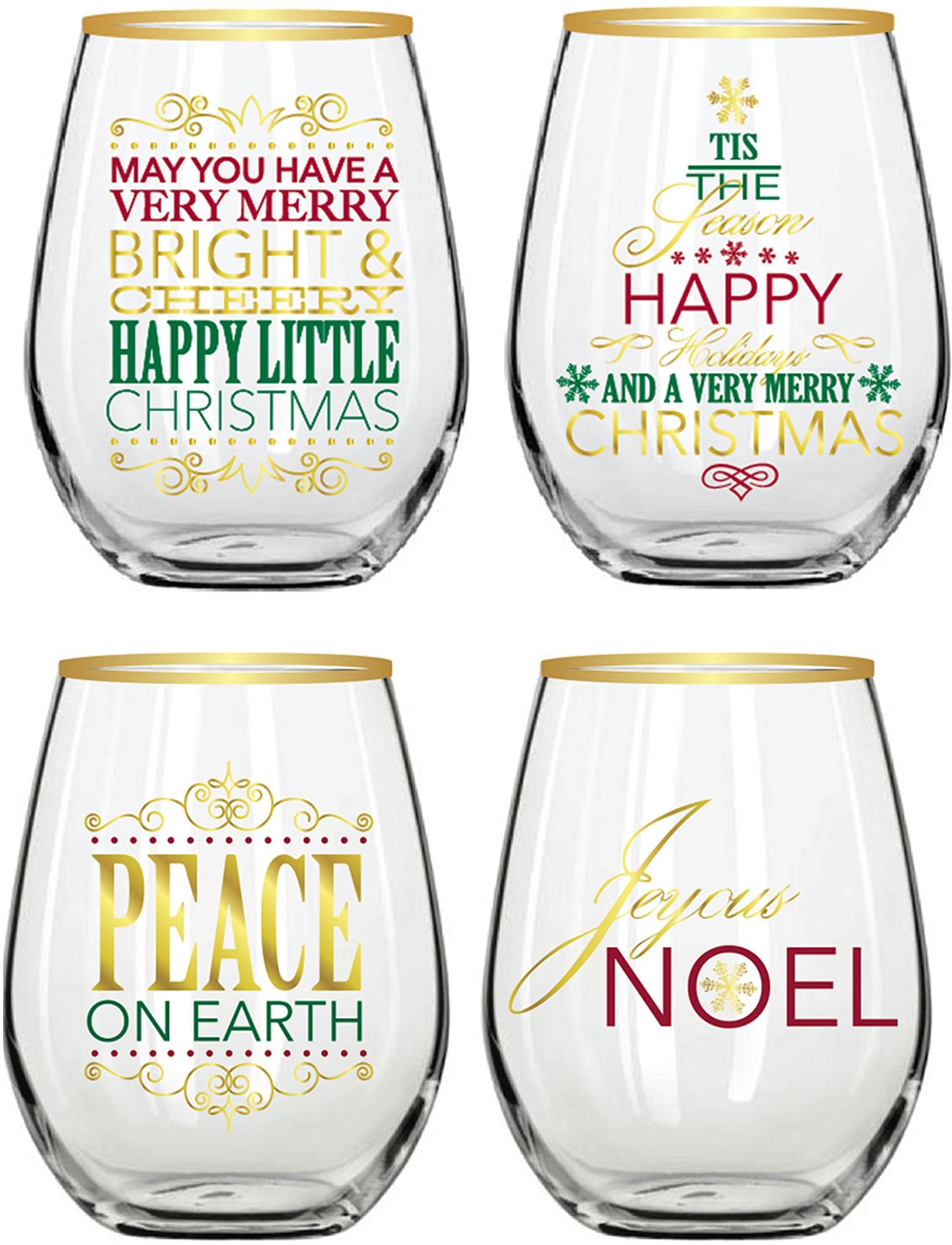 Elegant Home Set of Four (4) 19oz Holiday Festive Christmas Theme - Merry Christmas, Peace Joyous, Stemless Clear/Gold Wine Glasses For Red Or White Wine